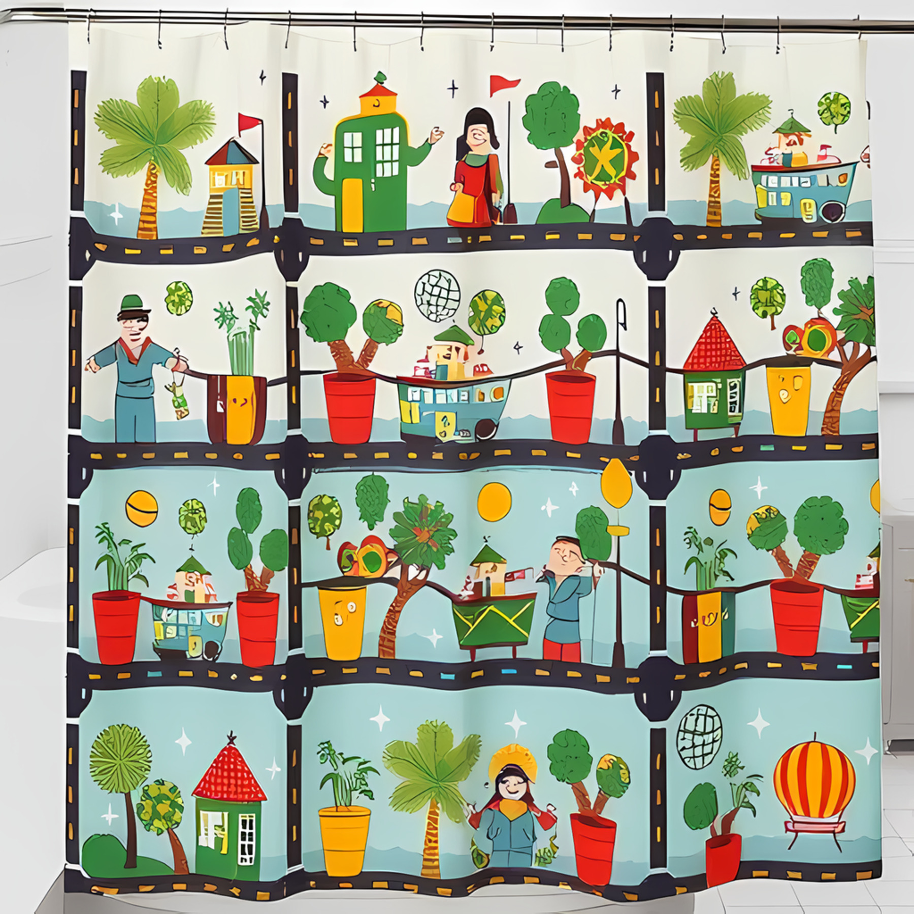 Whimsical Cityscape Shower Curtain - Colorful Multi - Level Urban ...