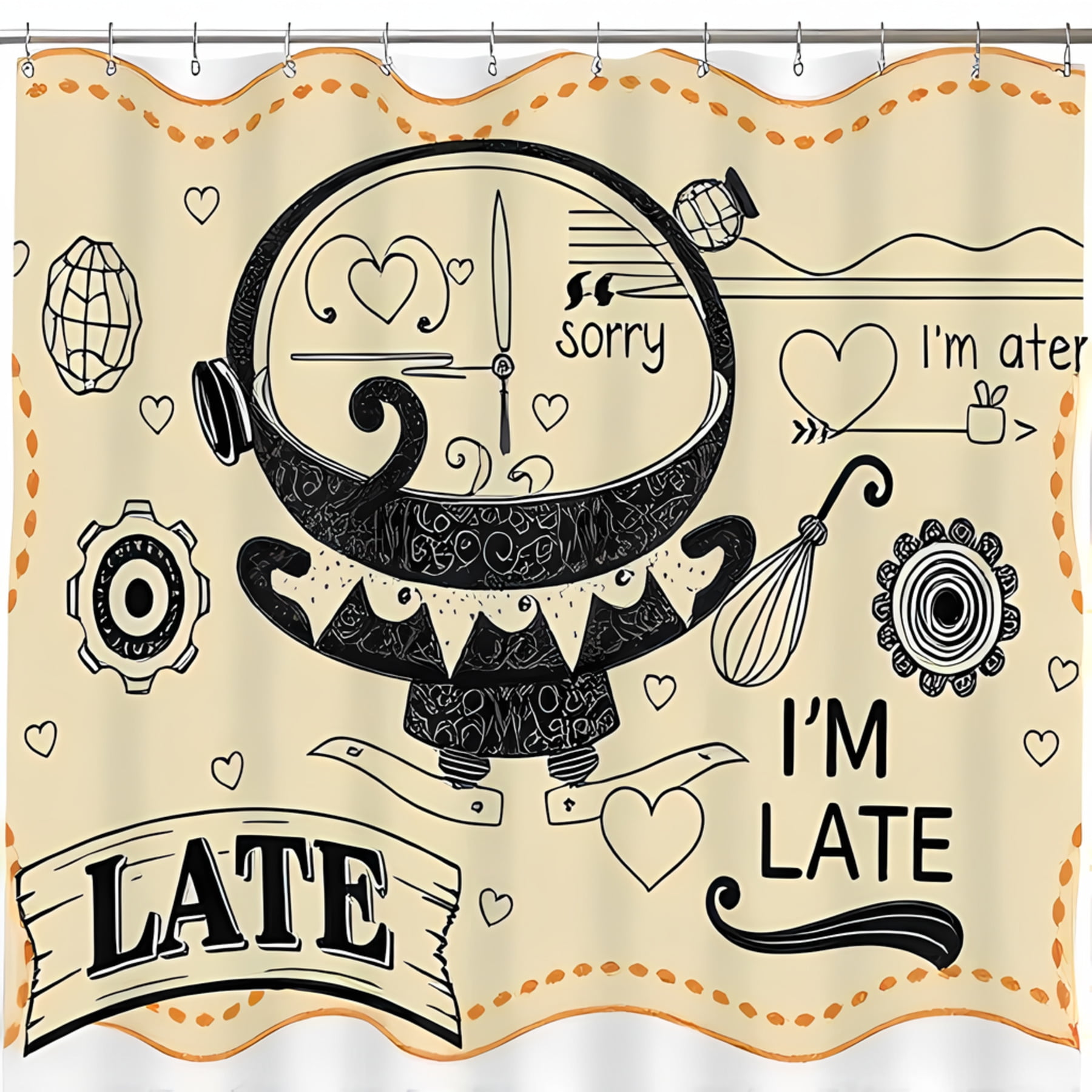 Whimsical Clock Shower Curtain - Playful Doodles Hearts and Gear Design ...