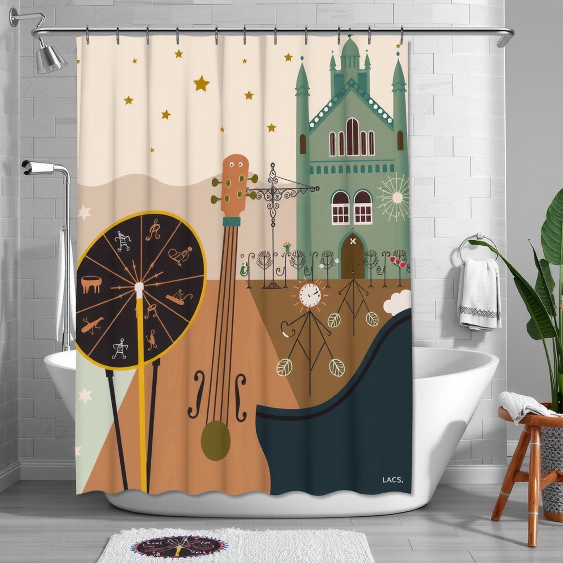 Whimsical & Clock Shower Curtain with Musical Wheel Stars & Stilt Trees ...