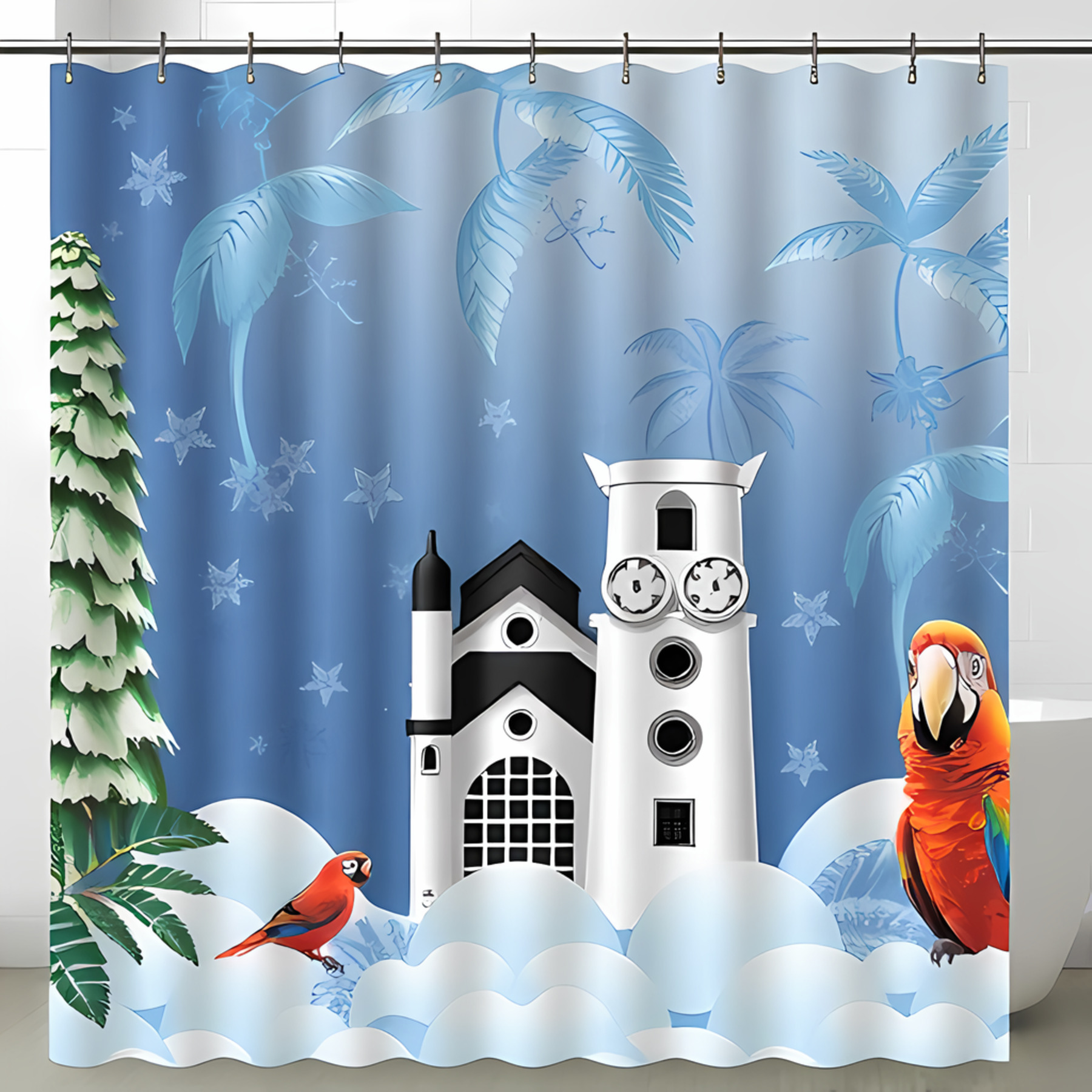 Whimsical Clock Tower Shower Curtain - Vibrant Design with Trees ...