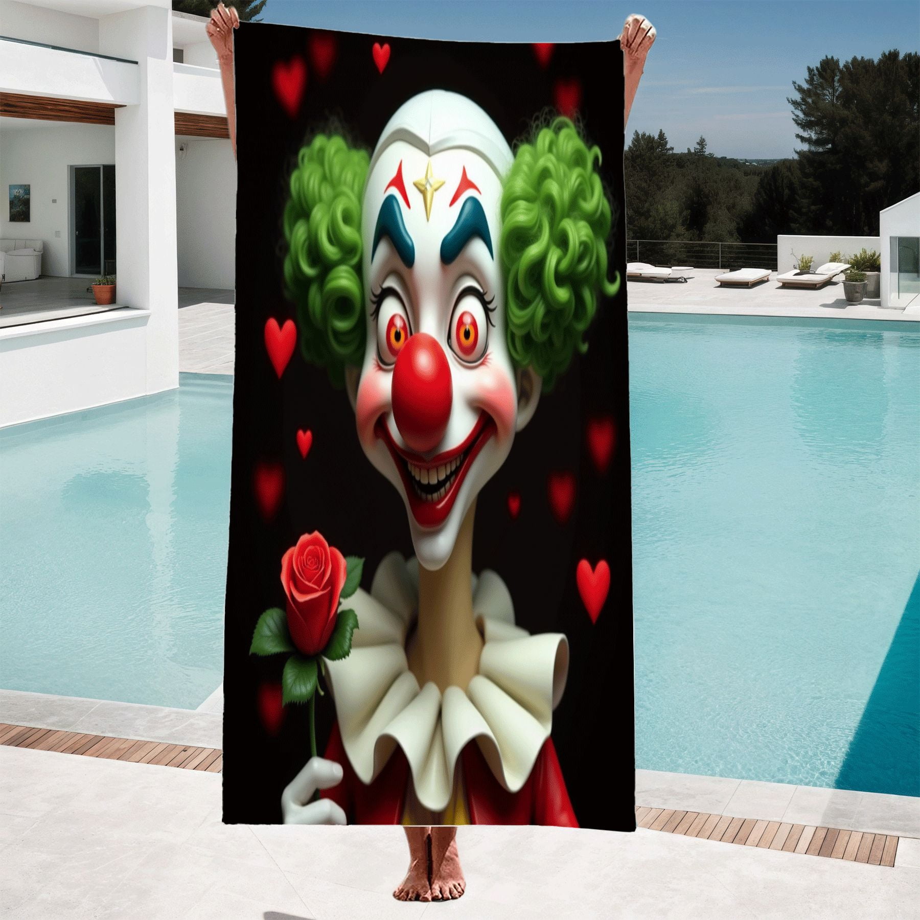 Whimsical Clown Design Beach Towel - Colorful Cartoon Clown with Green ...