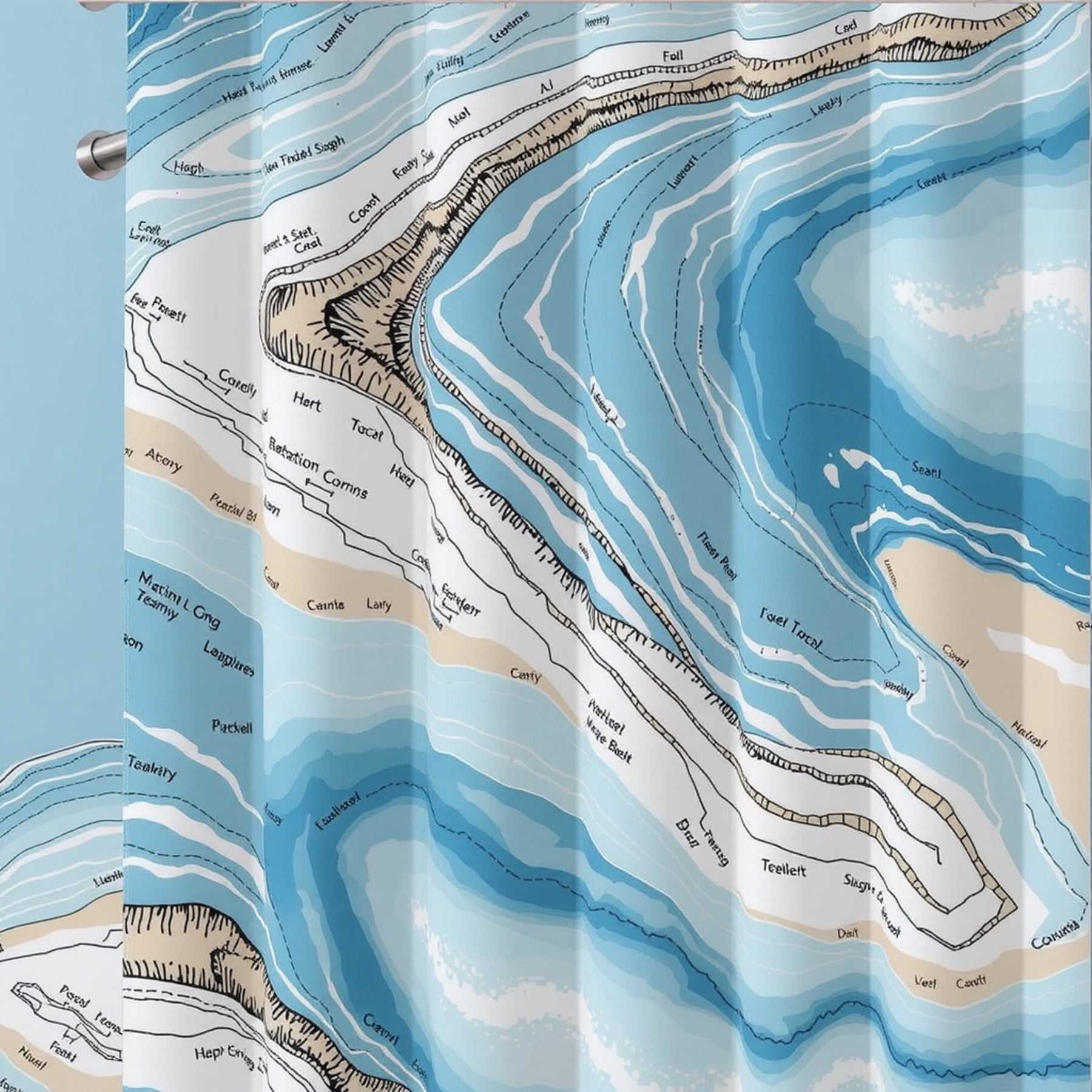 Whimsical Coastal Map Shower Curtain - Light Blue Beach Design with ...