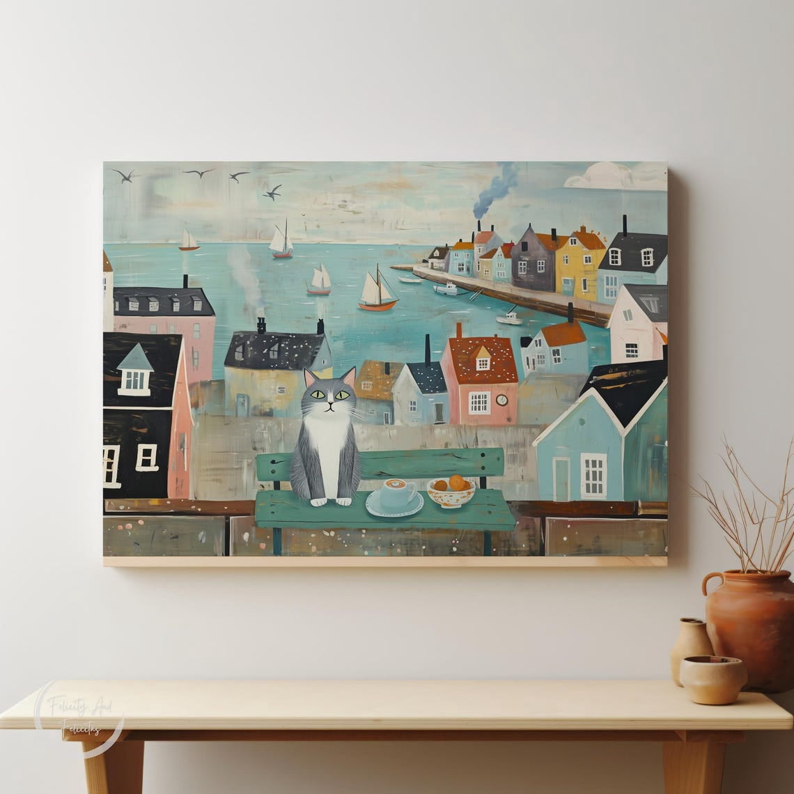 Whimsical Coastal Town Wall Art Summer Cat, Unframed Canvas Size 16x24 ...