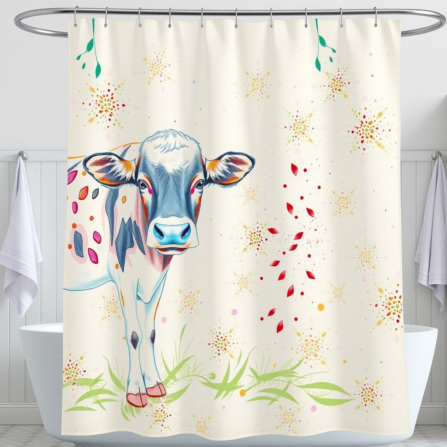 Whimsical Colorful Cow Shower Curtain Leaves Design - Walmart.com