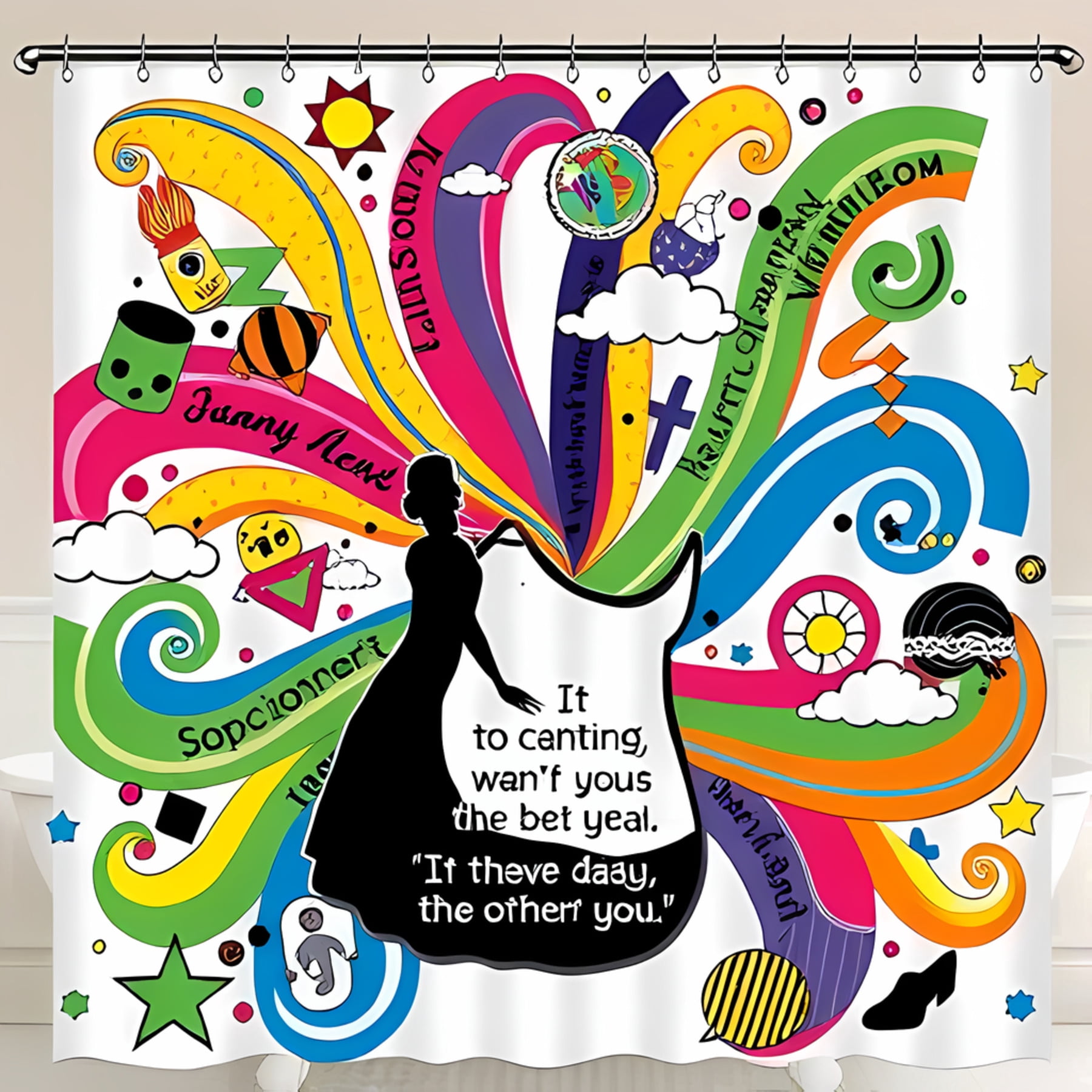 Whimsical Colorful Shower Curtain With Flowing Gown And Playful Ribbons