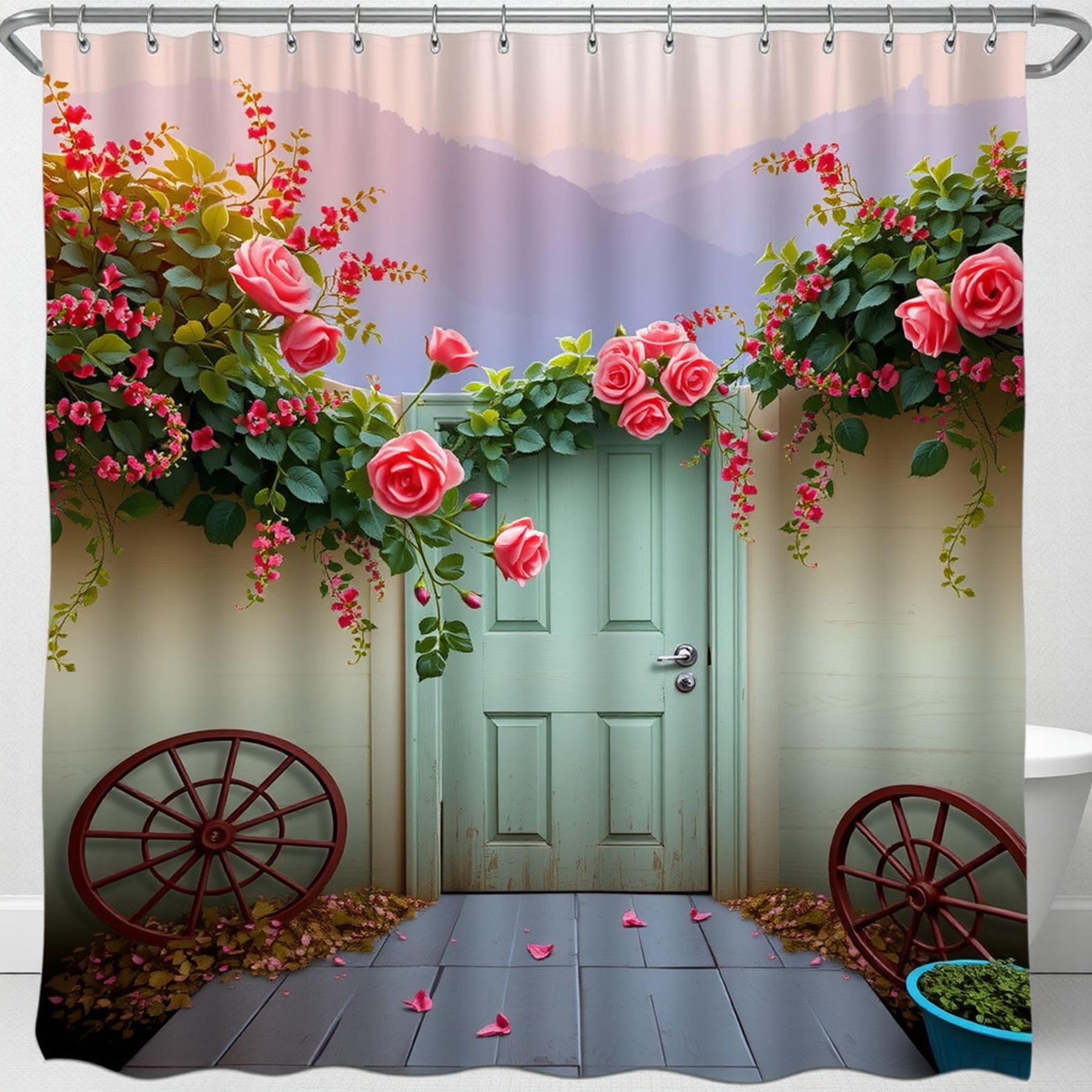 Whimsical Cottage Shower Curtain with Green Door & Pink Roses - Rustic ...