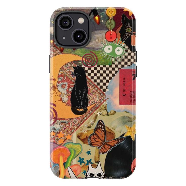 Whimsical Cottagecore Collage Phone Case, Retro Cat Mushroom Butterfly ...
