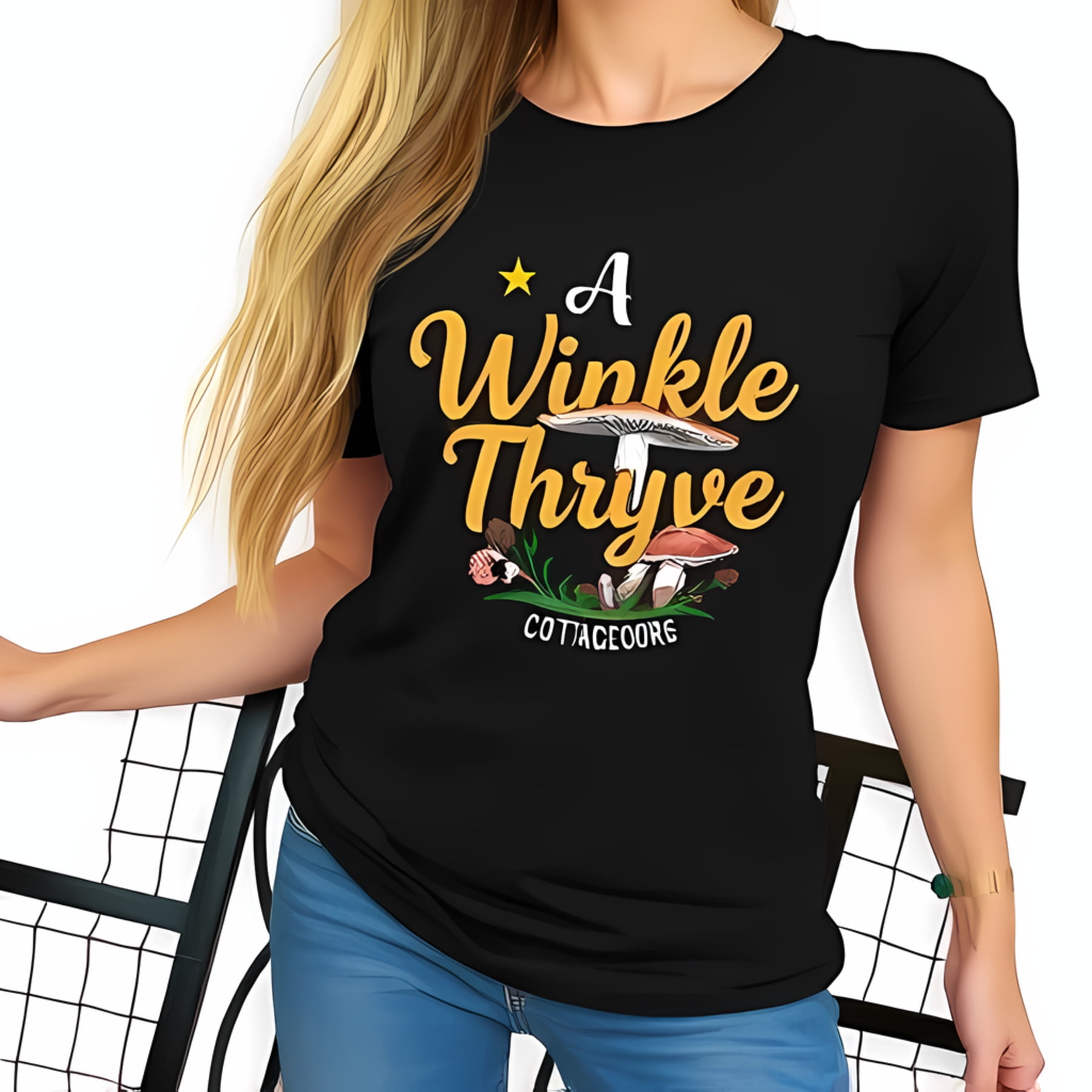 Whimsical Cottagecore Cotton Short Sleeve T-Shirt with 'A Winkle Thryve' in Golden Font ...