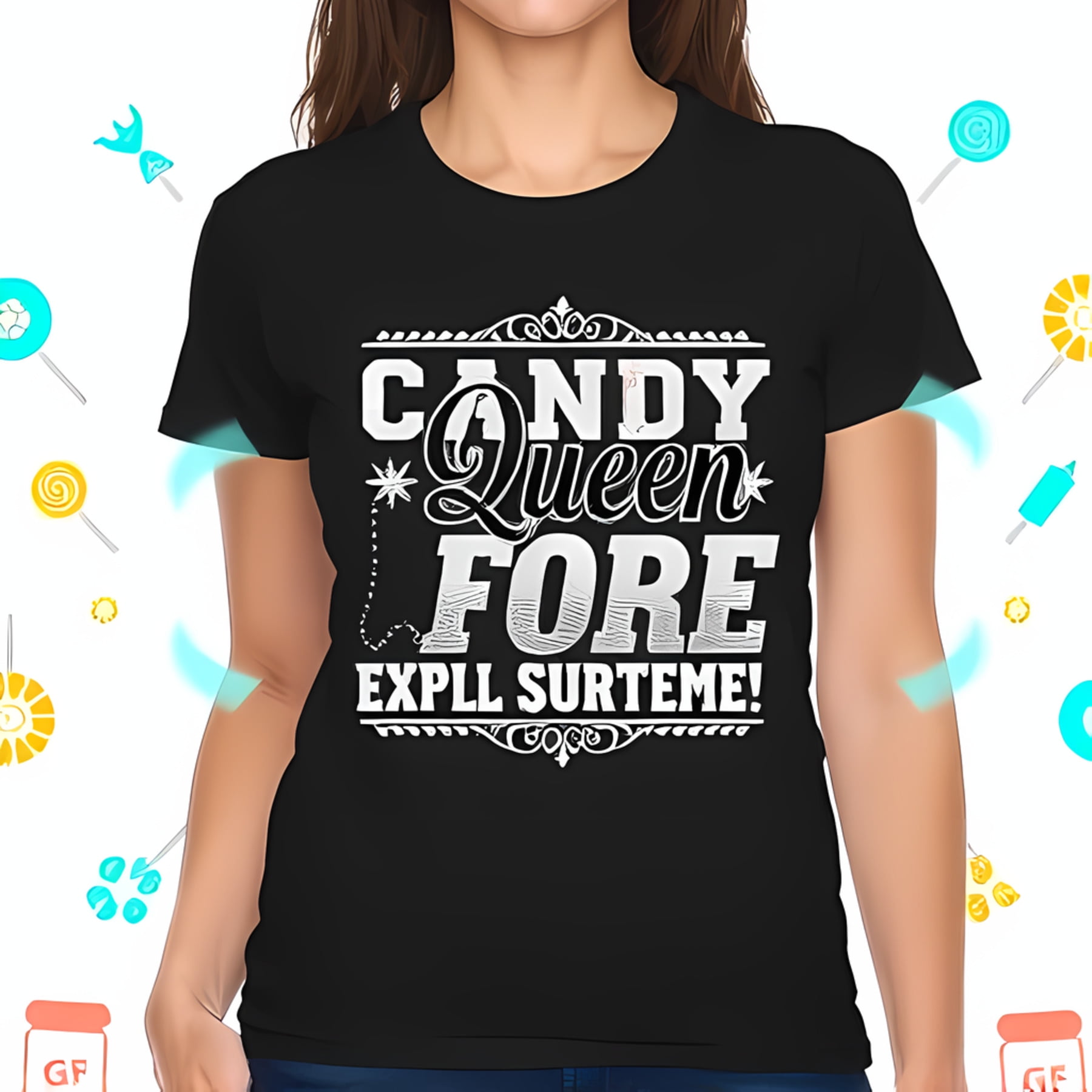 Whimsical Cotton Short Sleeve T-Shirt - " CANDY Queen FORE EXPL SURTEME ...