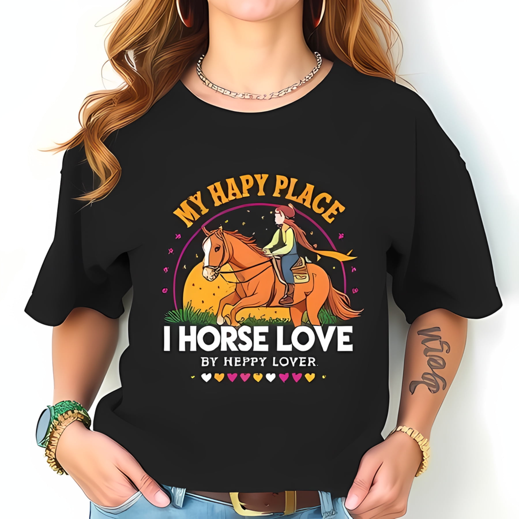Whimsical Cotton Short Sleeve T-Shirt with Girl Riding Horse & Moon ...