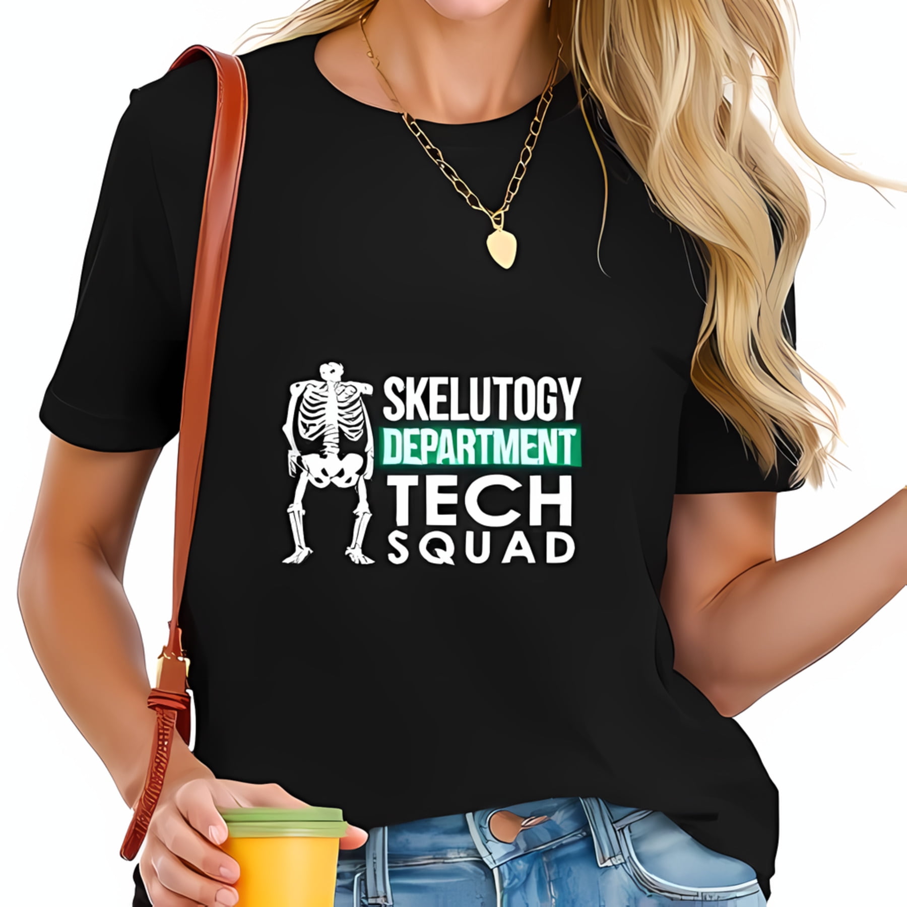 Whimsical Cotton Short Sleeve T-Shirt - " Skeletogy Department Tech Squad " with Cartoon ...