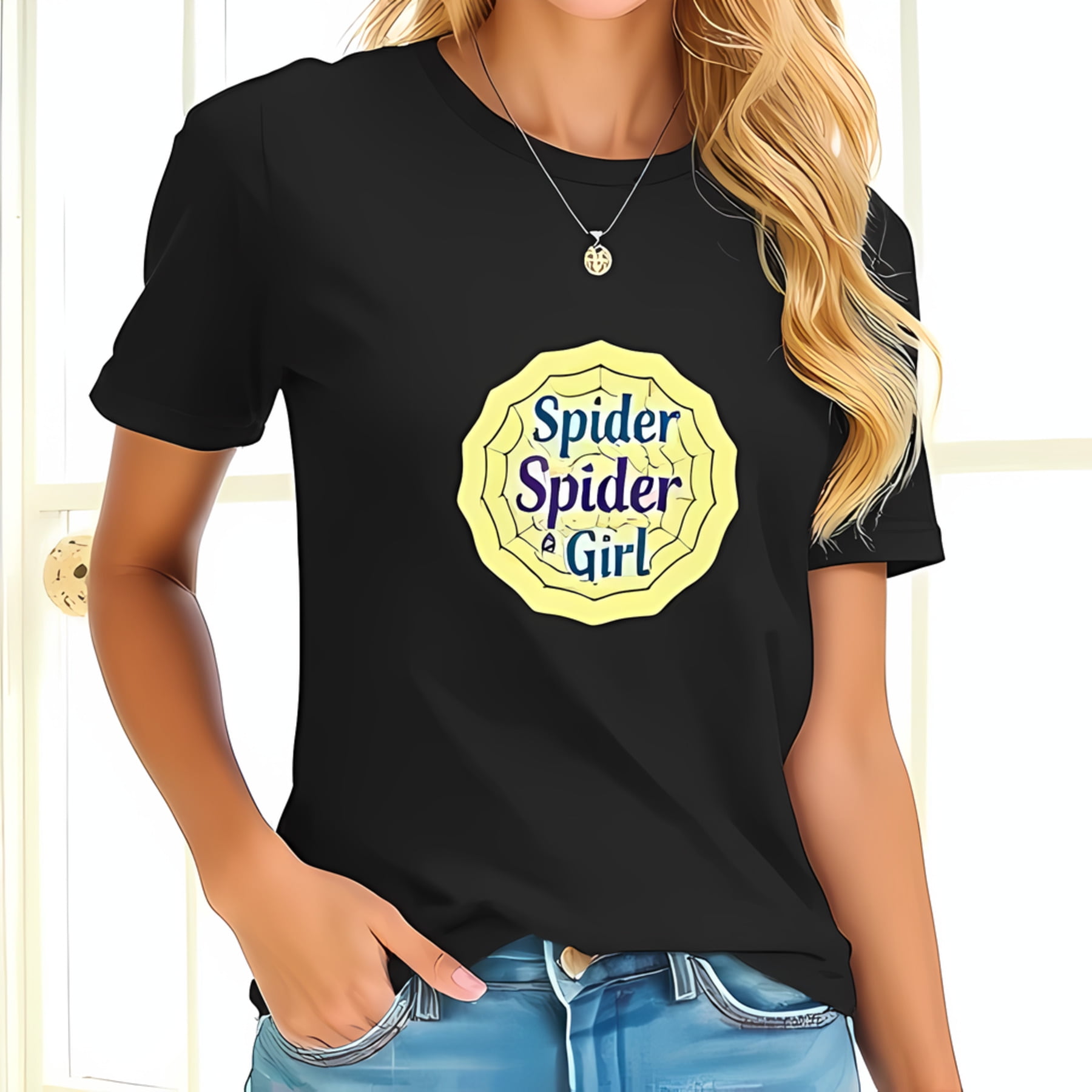Whimsical Cotton Short Sleeve T-Shirt for Women - Pale Yellow Spiderweb ...