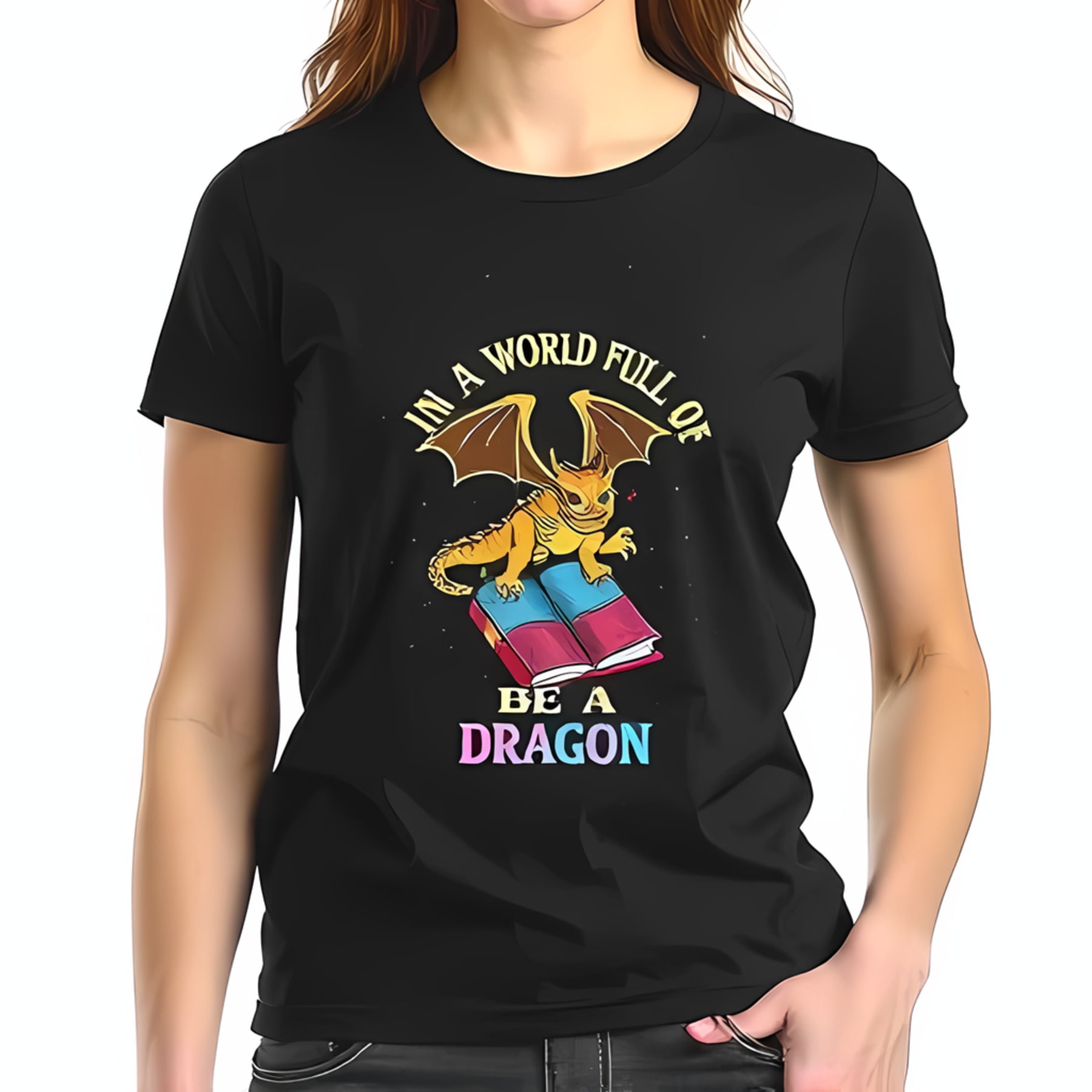 Whimsical Cotton Short Sleeve T-Shirt with Cartoon Dragon on Book ...