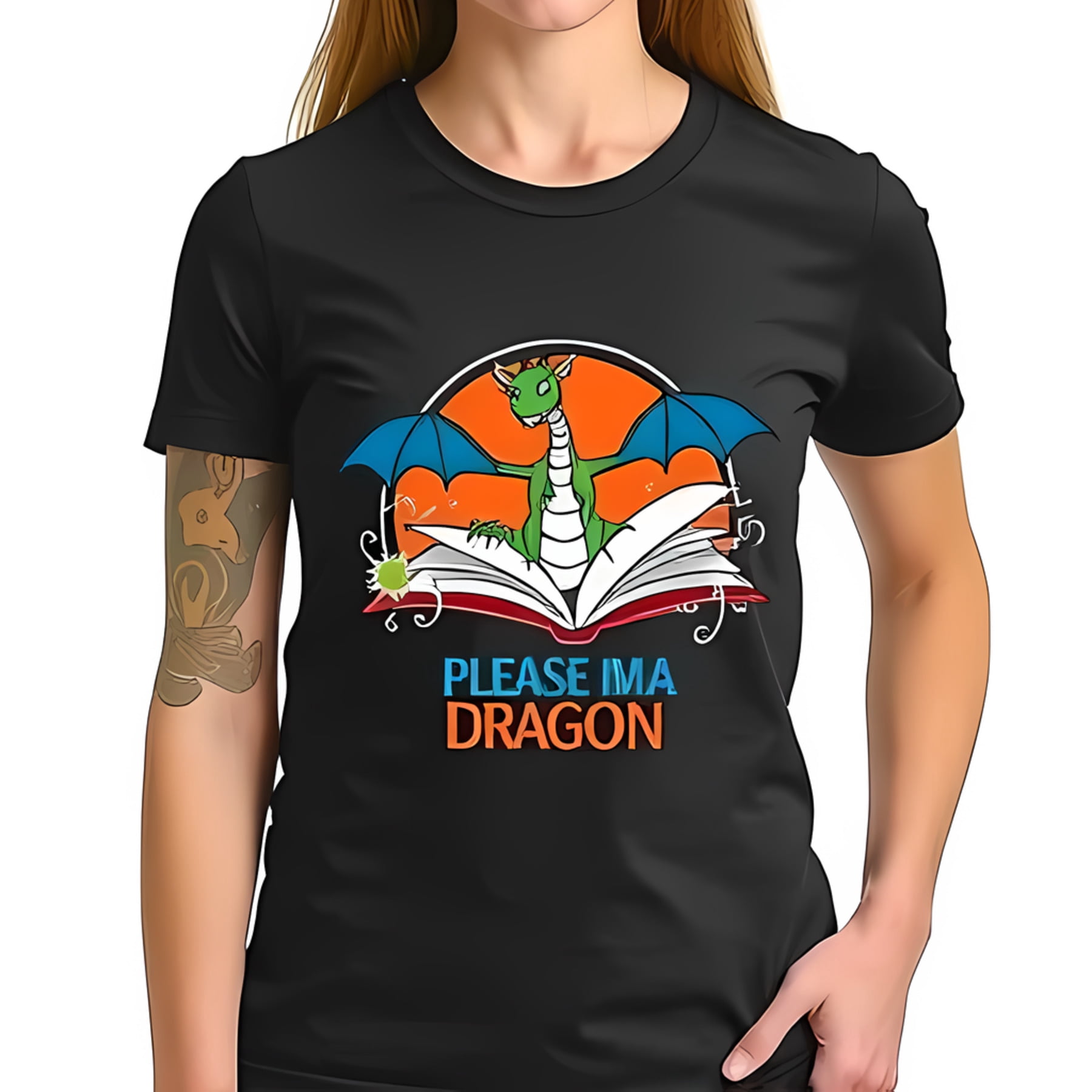 Whimsical Cotton Short Sleeve T-Shirt with Cartoon Dragon on Book ...