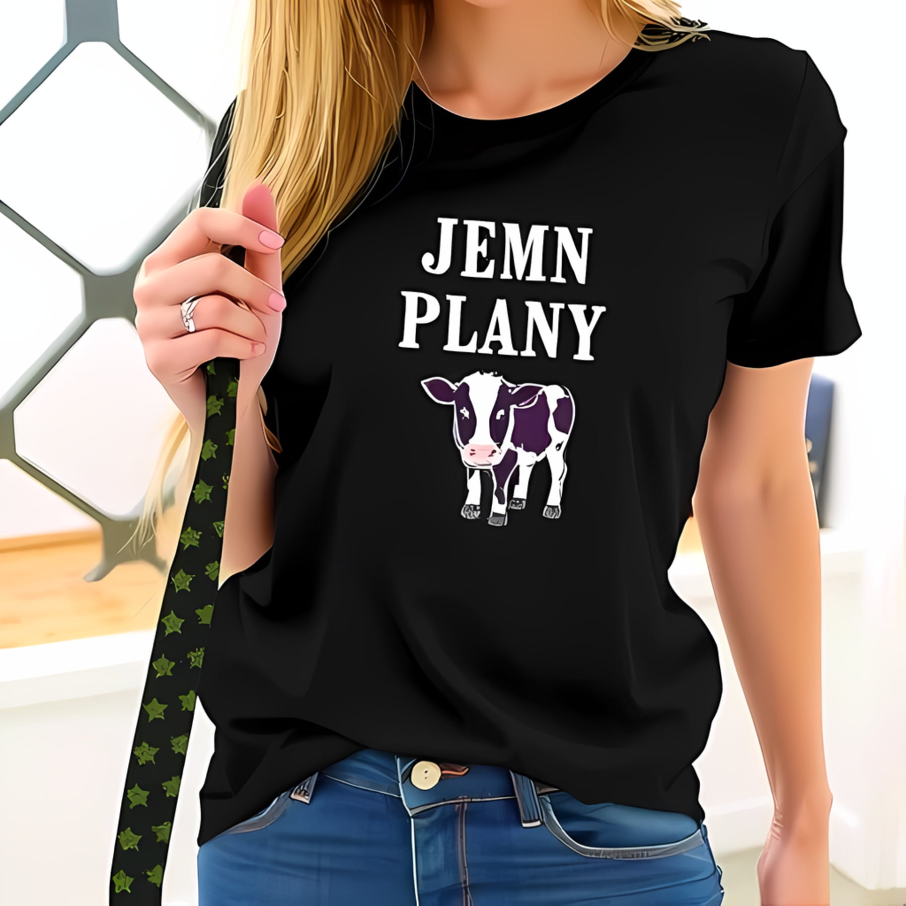 Whimsical Cotton Short Sleeve T-Shirt with 'JEMN PLANY' Text & Cute ...