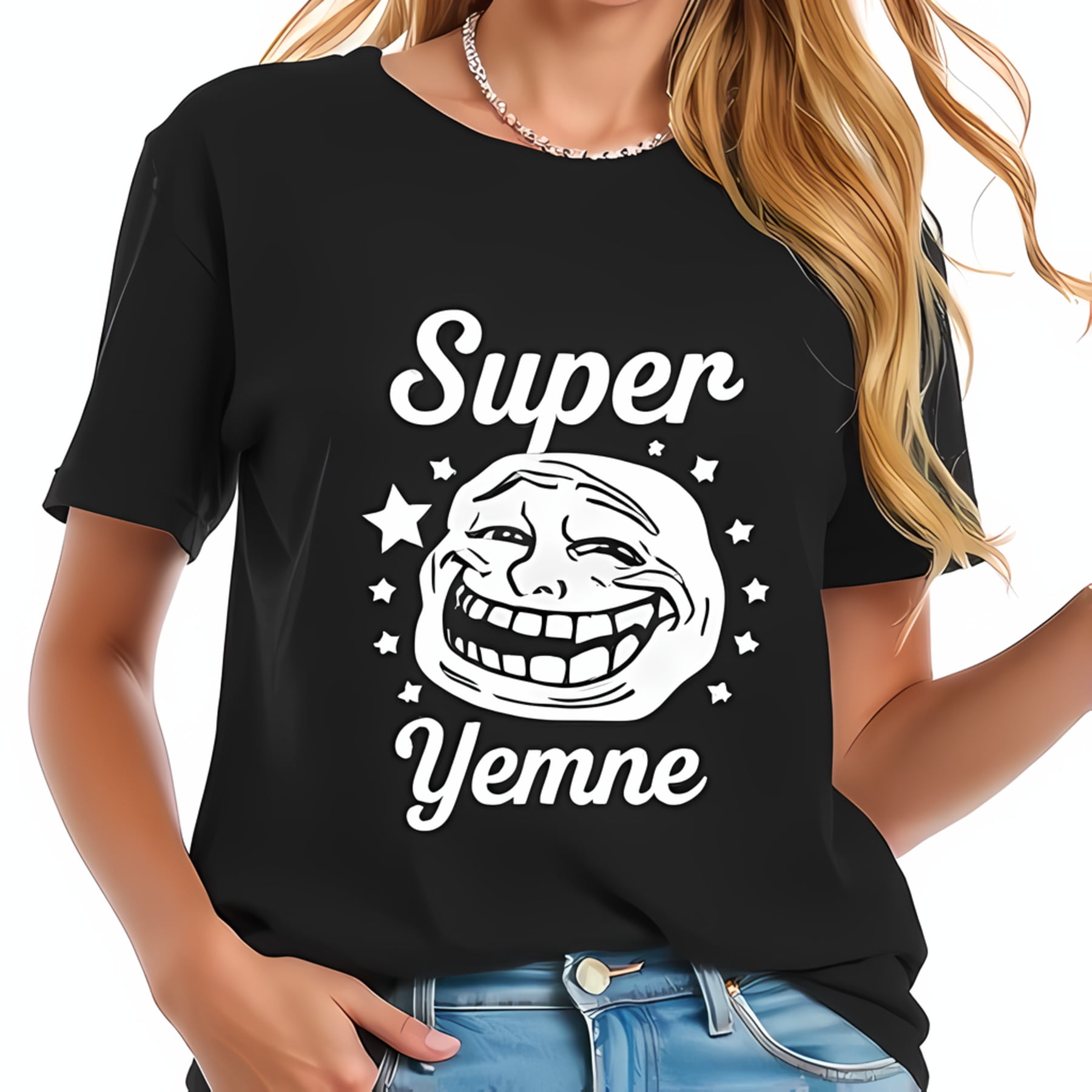 Whimsical Cotton Short Sleeve T-Shirt with Trollface & Stars - " Super ...
