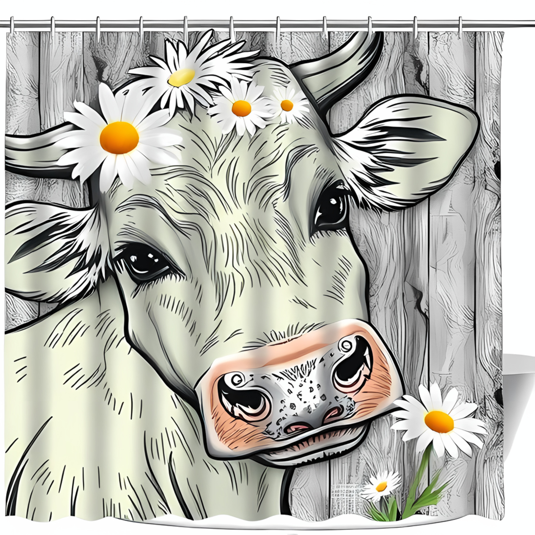 Whimsical Cow Head Shower Curtain with Floral Daisies on Rustic Grey ...