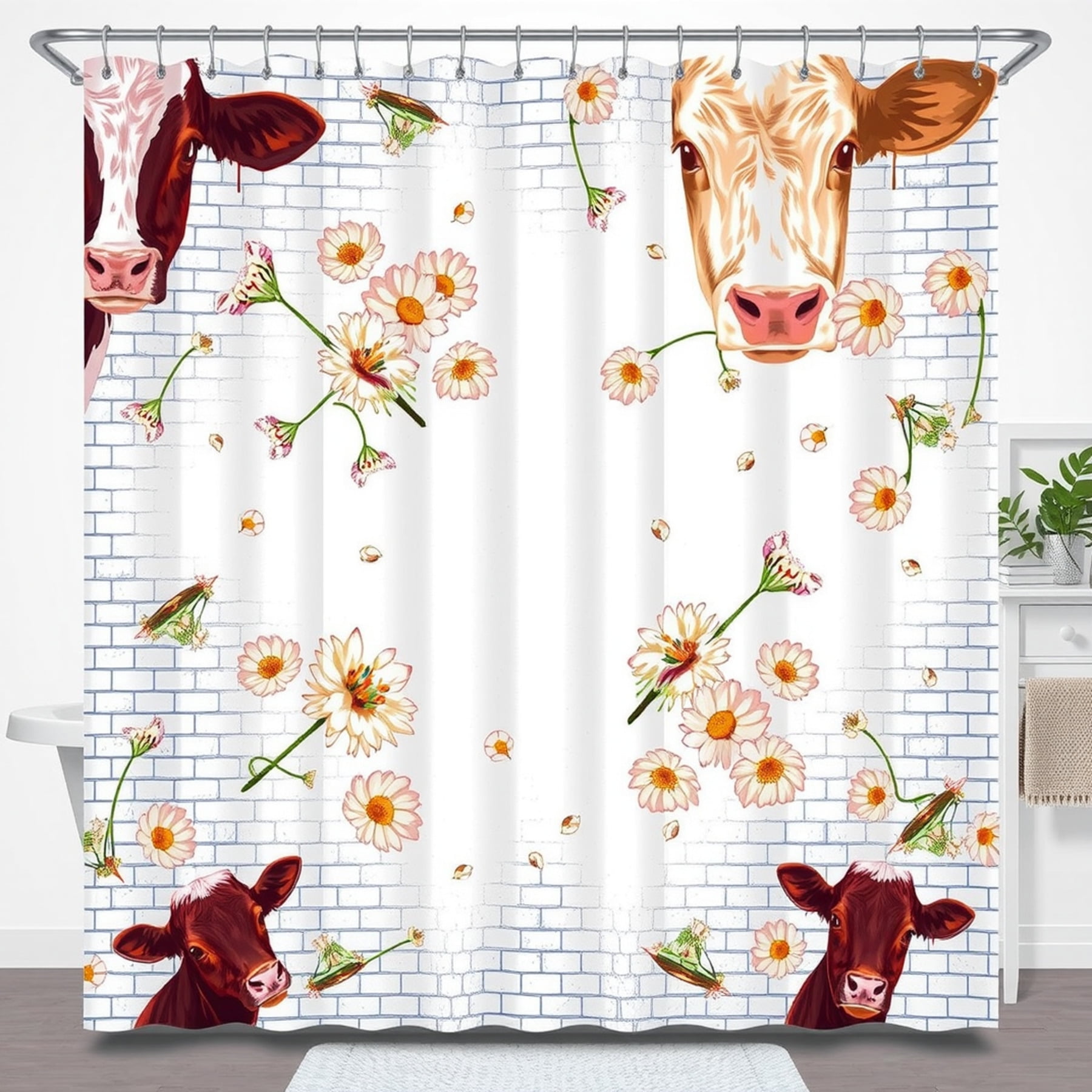 Whimsical Cow Shower Curtain with Floral Design - Playful Cows Peeking ...