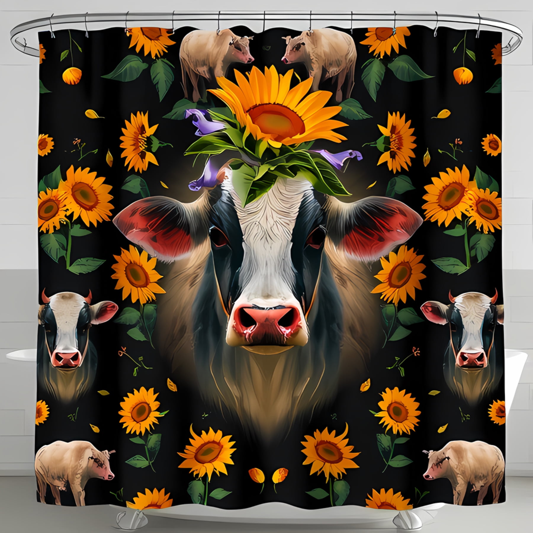 Whimsical Cow Shower Curtain with Sunflower Crown & Calves Vibrant Farm ...