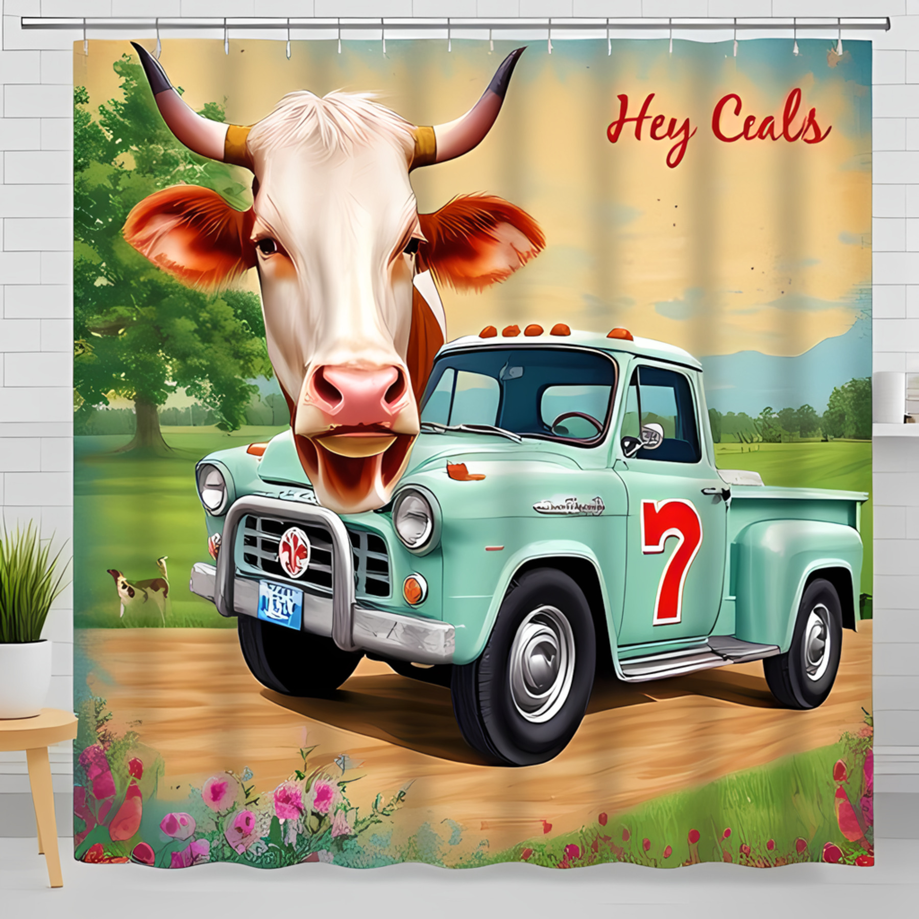 Whimsical Cow Shower Curtain with Vintage Pickup Truck & Pastoral Scene ...