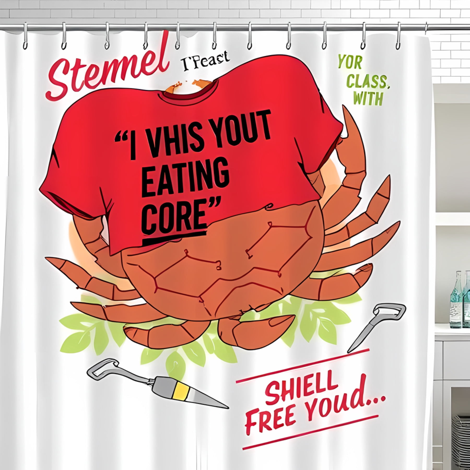 Whimsical Crab Shower Curtain with Red Crop Top & Seafood Design ...