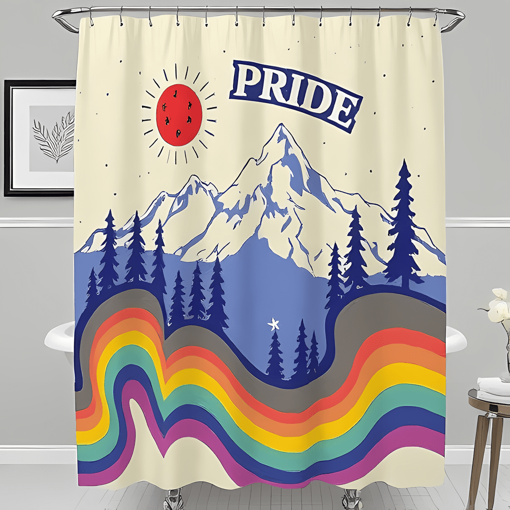 Whimsical Cream Shower Curtain with Mountains Rainbow & Sun - Celebrate ...