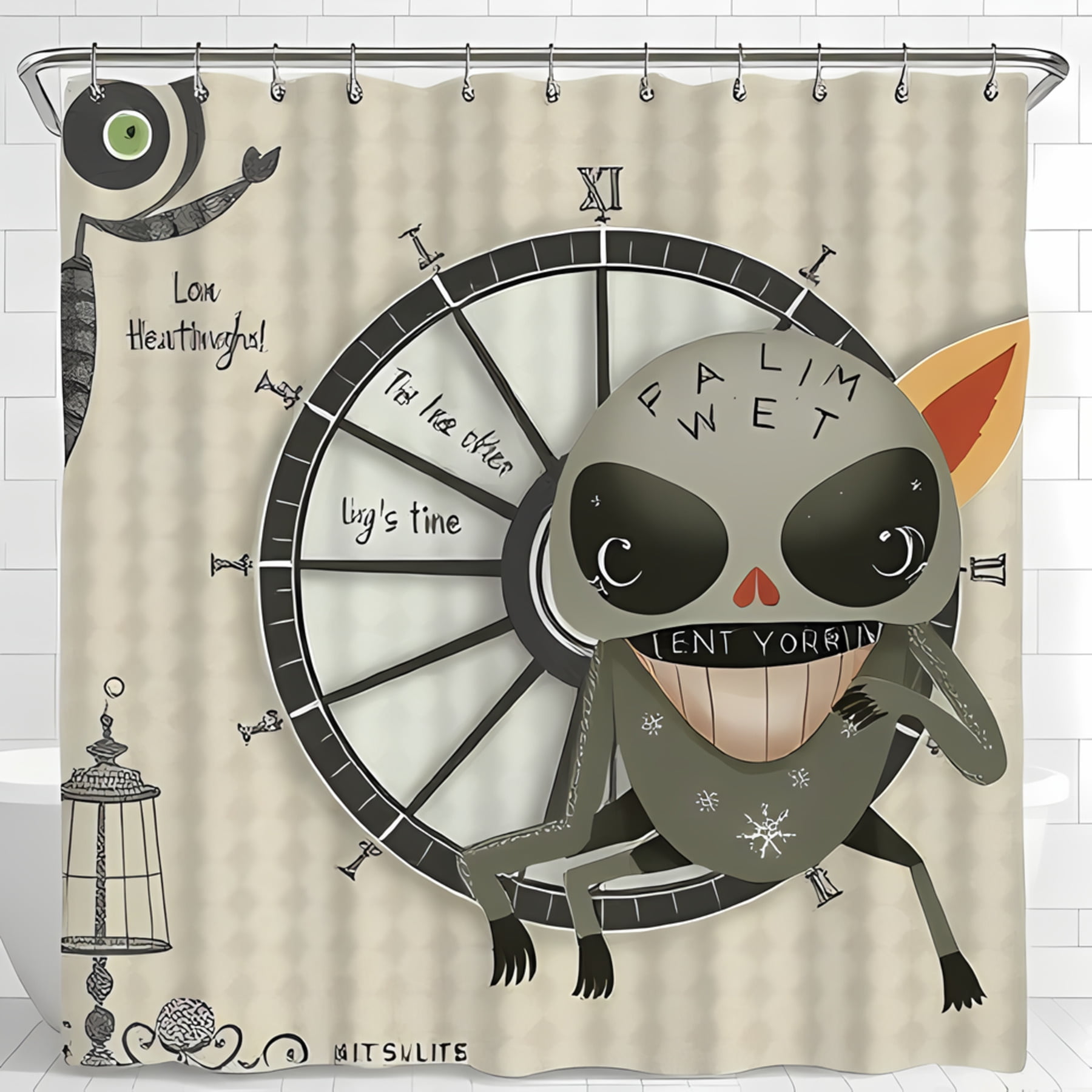 Whimsical Creature Shower Curtain - Vintage Clock Face Design with ...