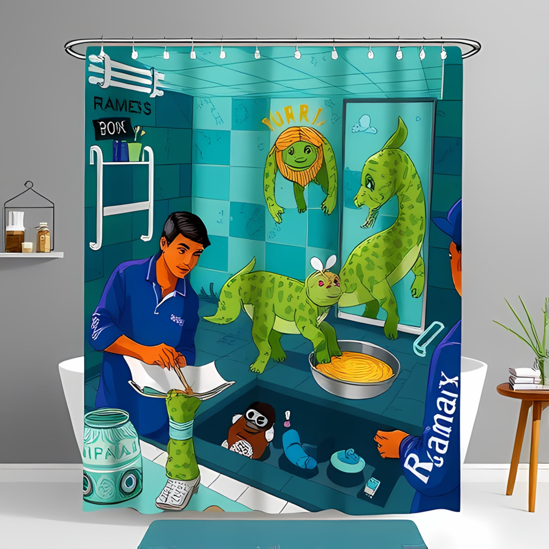 Whimsical Creatures Shower Curtain - Playful Green Dinosaurs in a ...