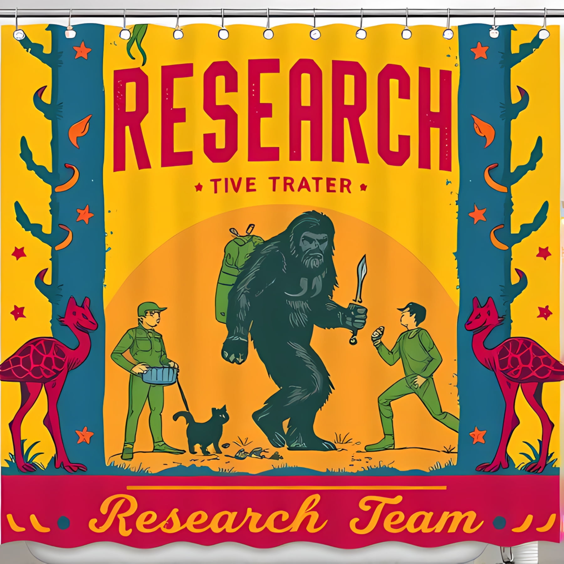 Whimsical Cryptid Shower Curtain - Retro Giraffes Bold Colors Fun ...