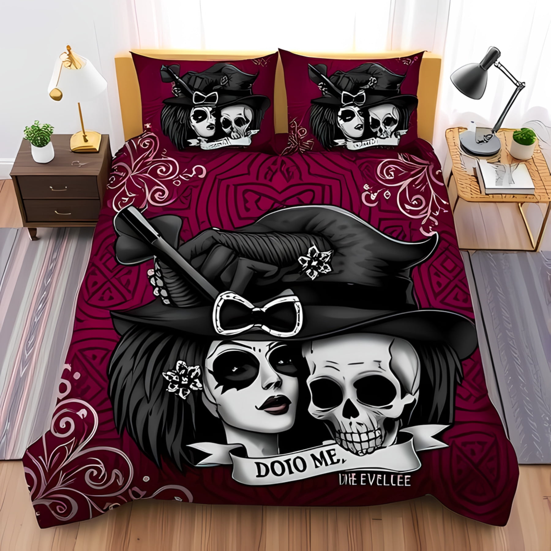 Whimsical Dark Burgundy Bedspread Set Witch Design with Floral Patterns ...