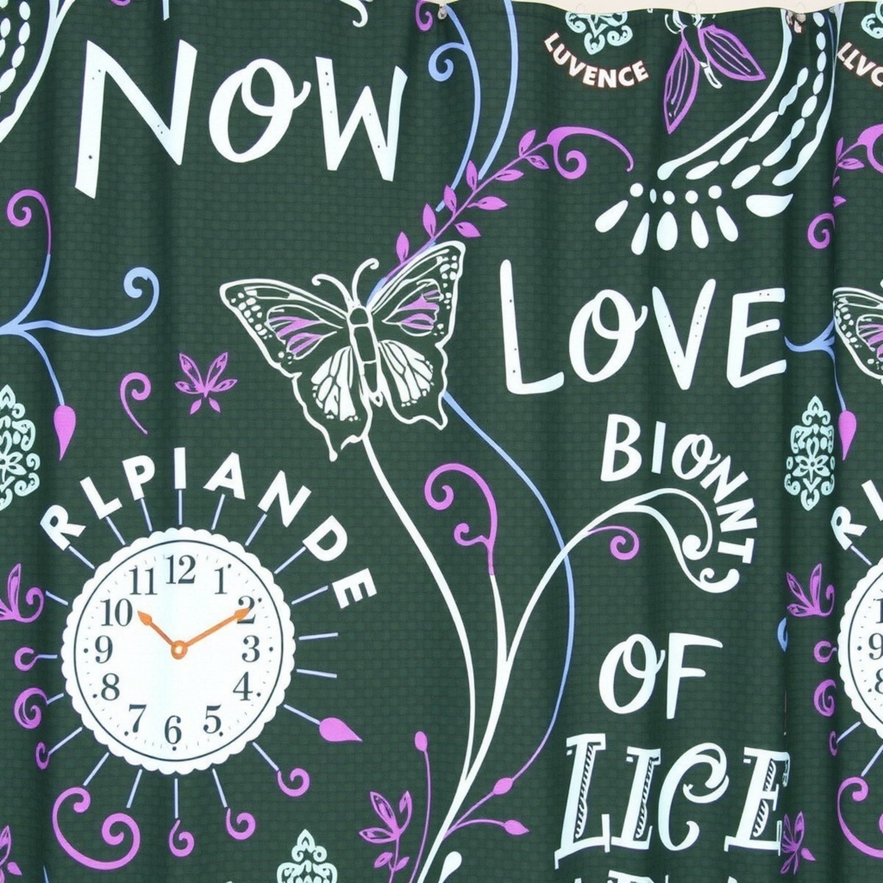 Whimsical Dark Green Shower Curtain with Floral Motifs & Vintage Clock ...