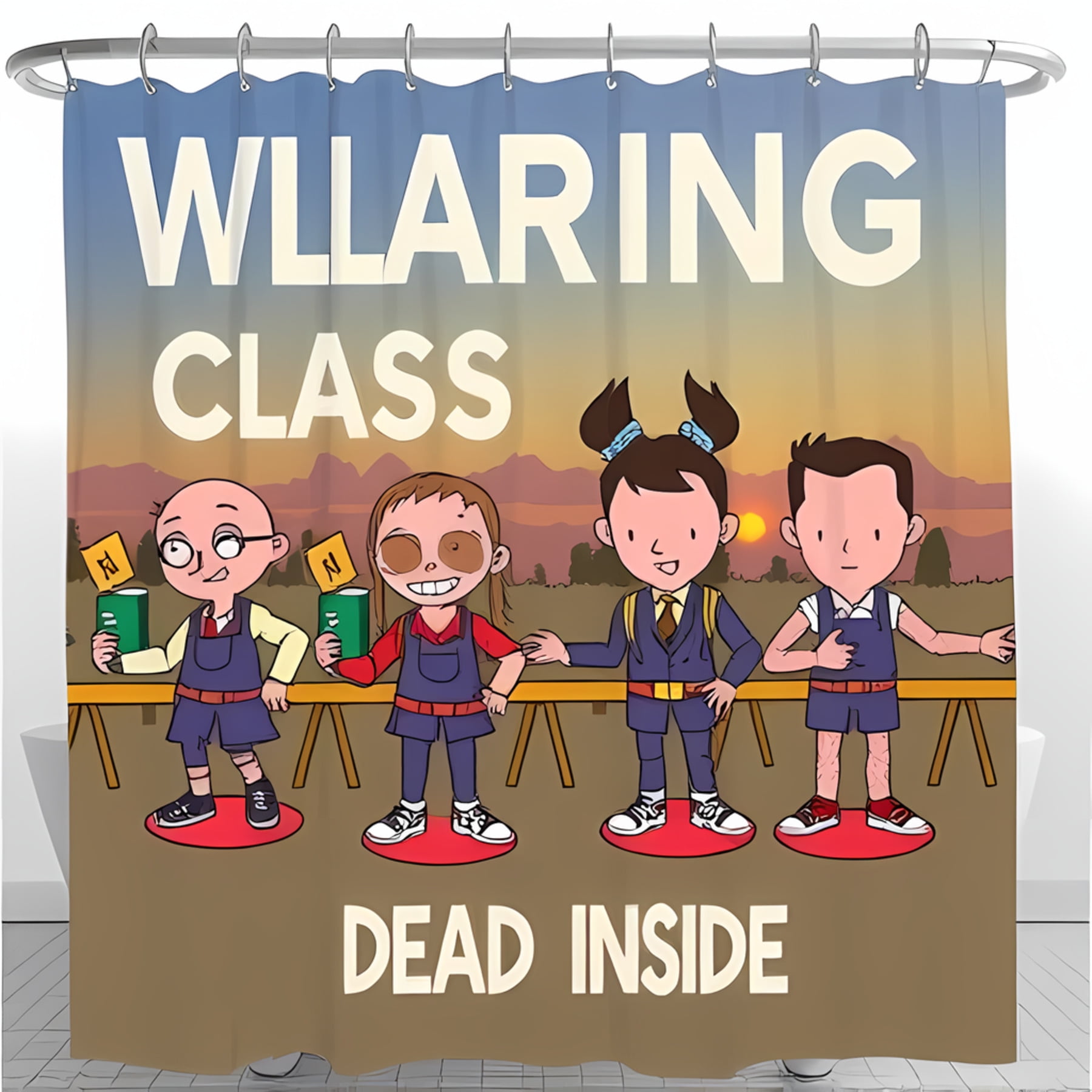 Whimsical Dark Humor Shower Curtain with Cartoon and Prize Containers ...