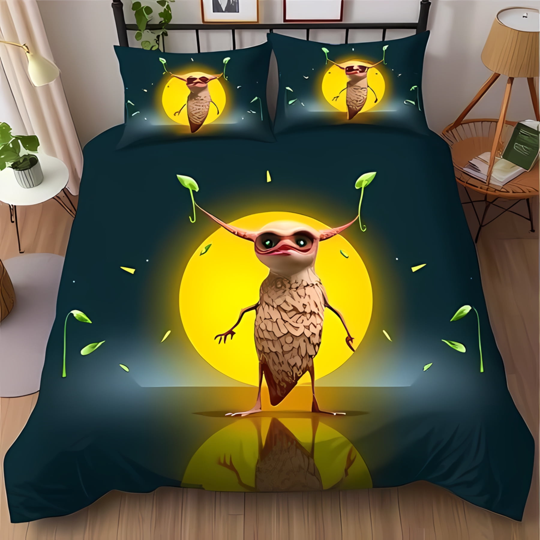 Whimsical Dark Teal Comforter Set with Cartoon Creature & Sun Design ...
