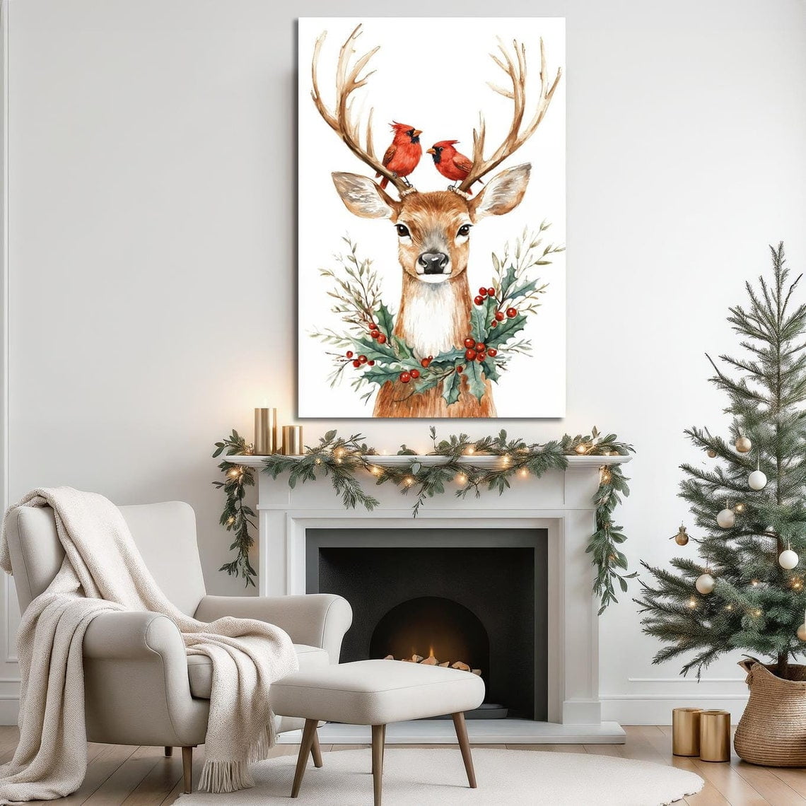 Whimsical Deer And Cardinals Wall Art Reindeer Poster Rustic Winter ...