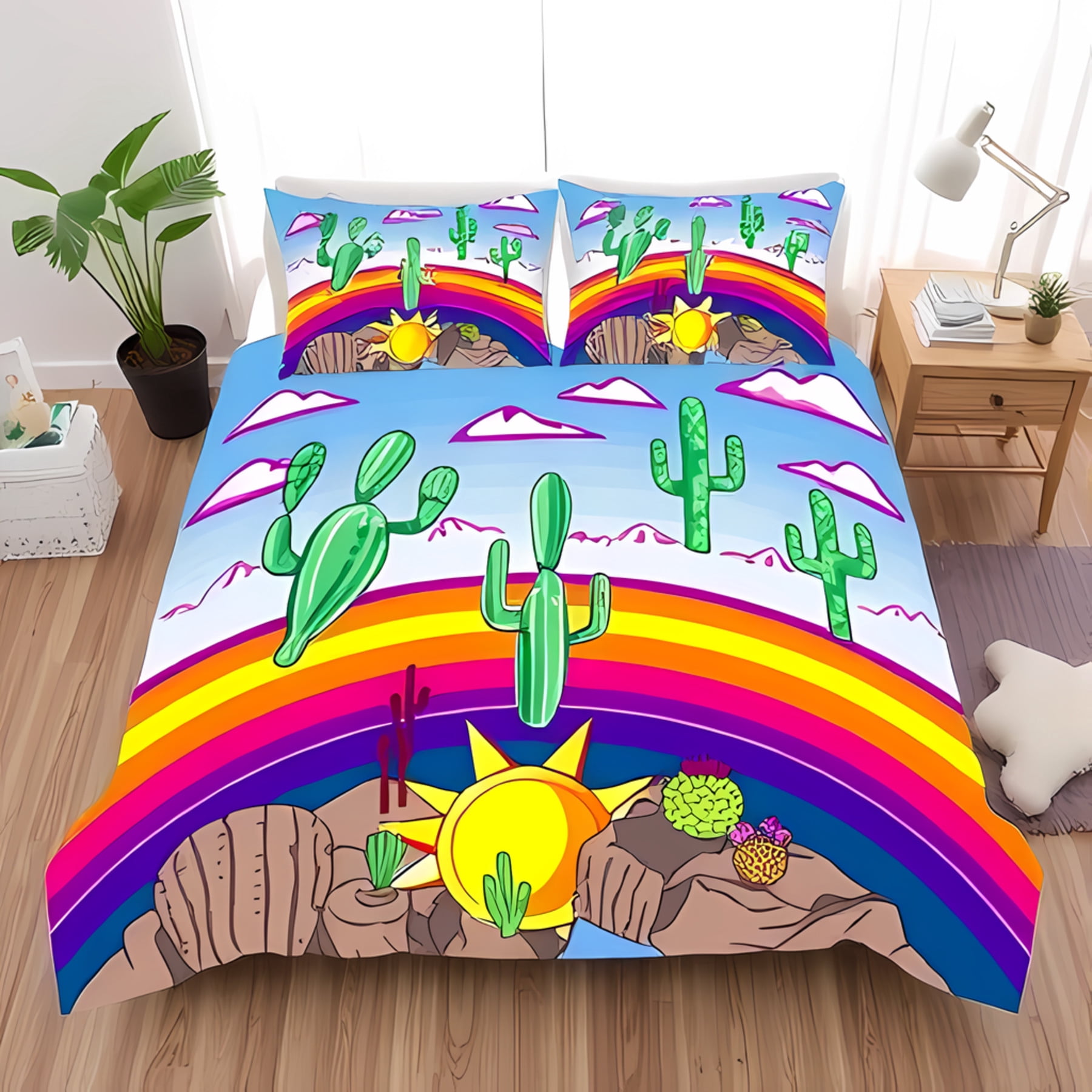 Whimsical Desert Landscape 3-Piece Duvet Cover Set with Playful Cacti ...