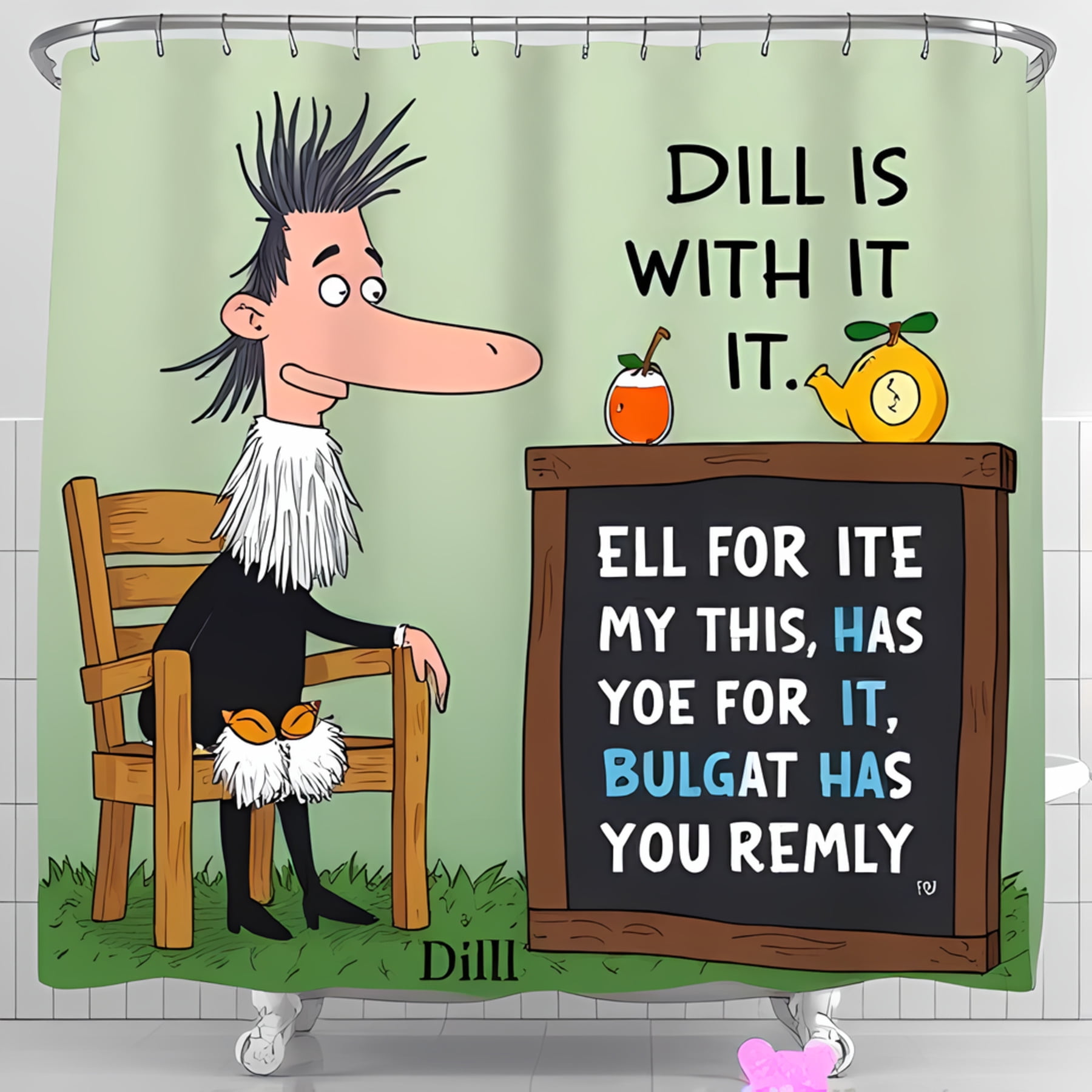 Whimsical Dill Cartoon Shower Curtain with Riddle Sign & Playful Birds ...
