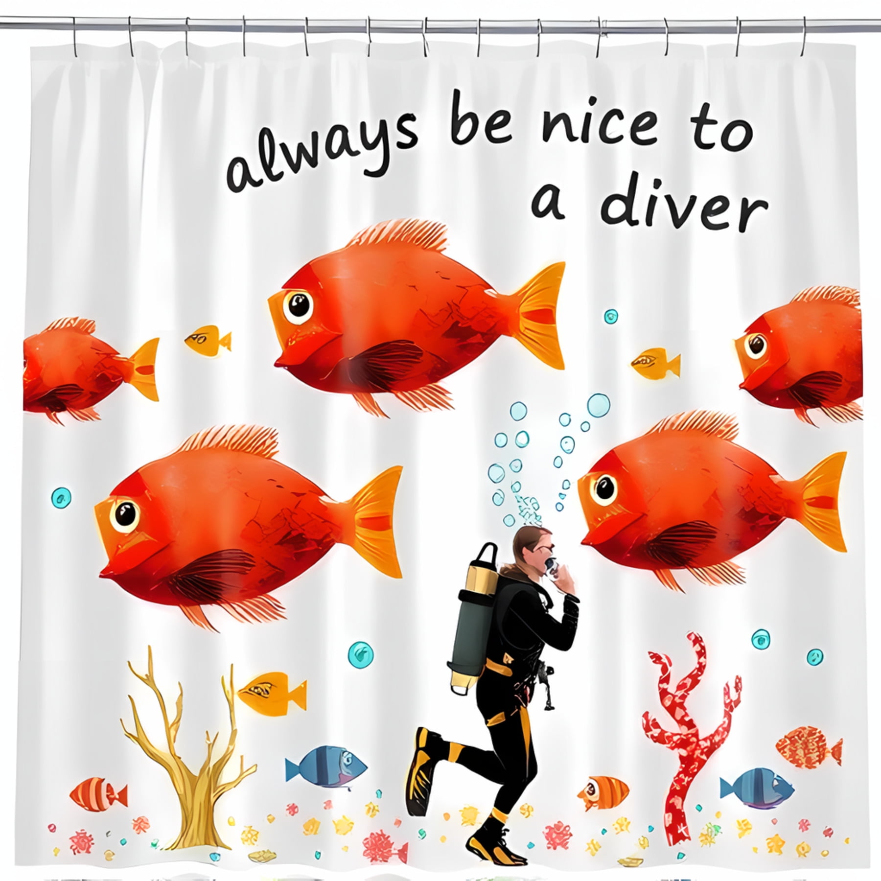 Whimsical Diver Shower Curtain with Playful Orange Fish & Colorful Sea ...