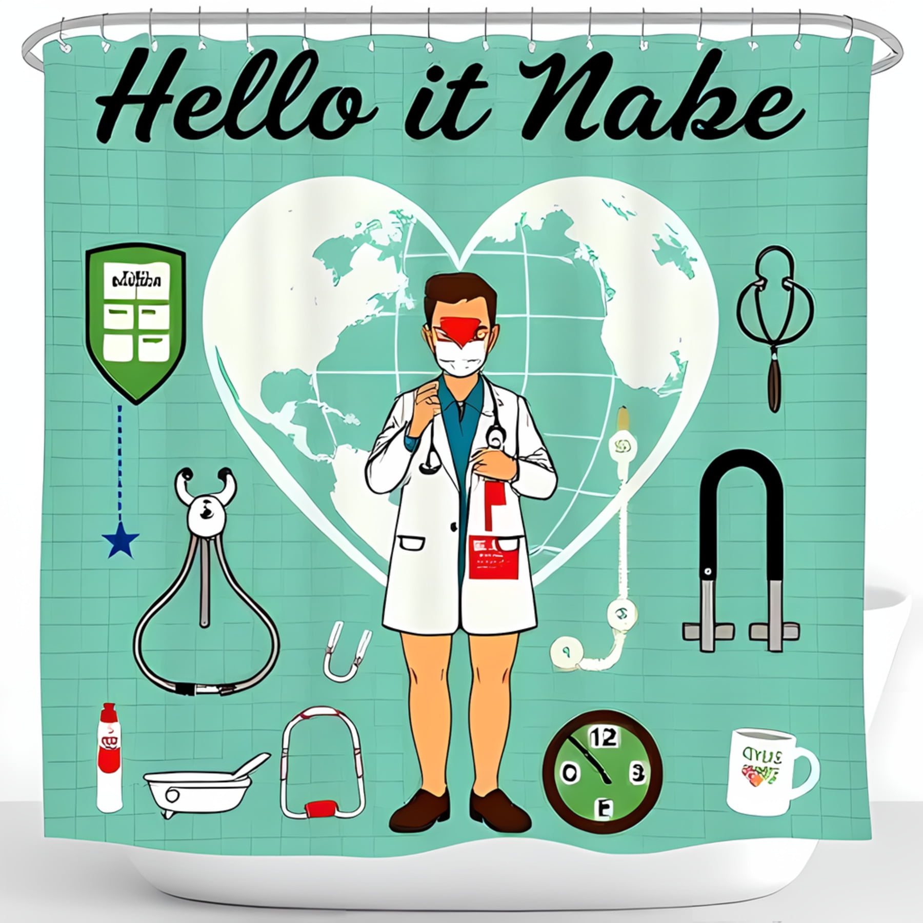 Whimsical Doctor Shower Curtain - Cartoon Doctor with Heart-Shaped ...