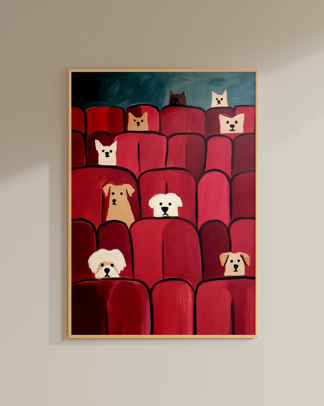 Whimsical Dog Movie Theater Cozy Impressionistic Red Velvet Cinema ...