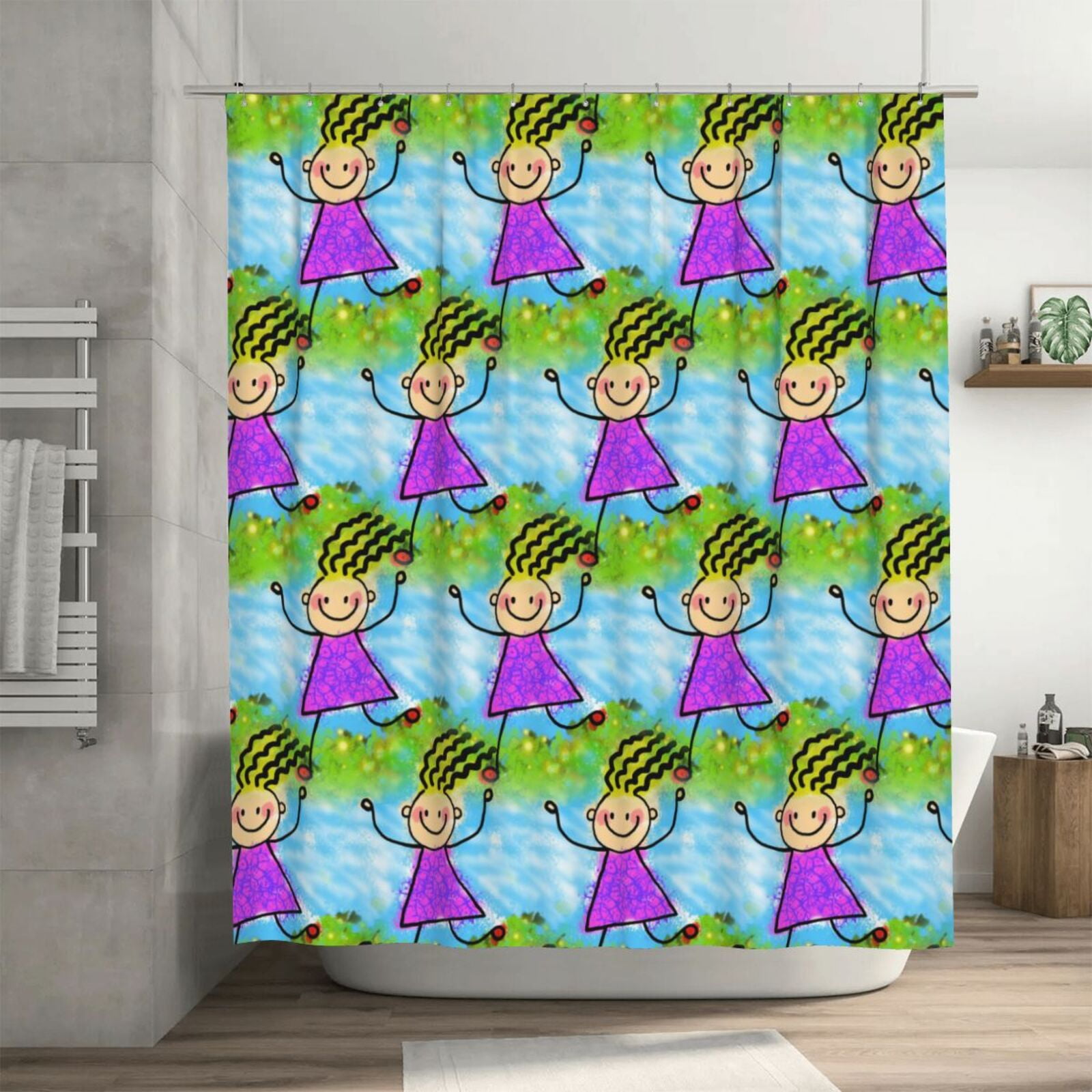Whimsical Doodle Smile Girl Pattern Shower Curtain, Abstract Modern ...