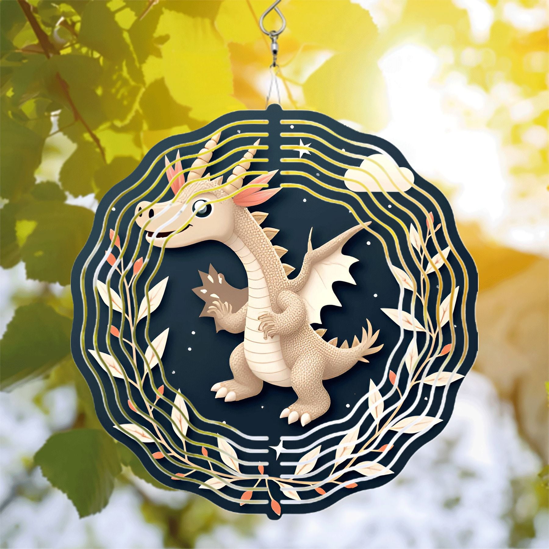 Whimsical Dragon Metal Wind Spinner & Chime - Concentric Waves & Floral ...