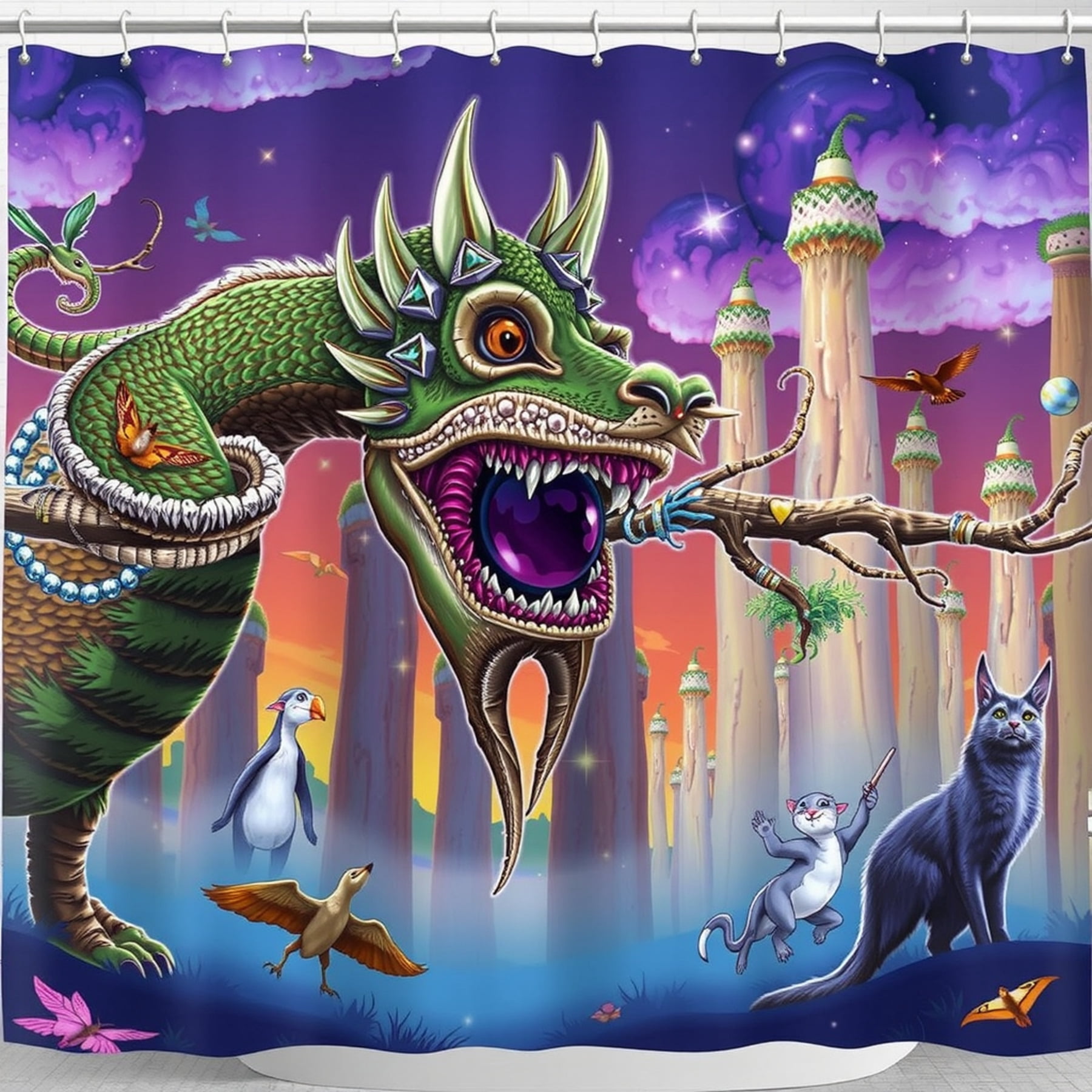 Whimsical Dragon Shower Curtain - Colorful Fantasy Scene with Magical ...