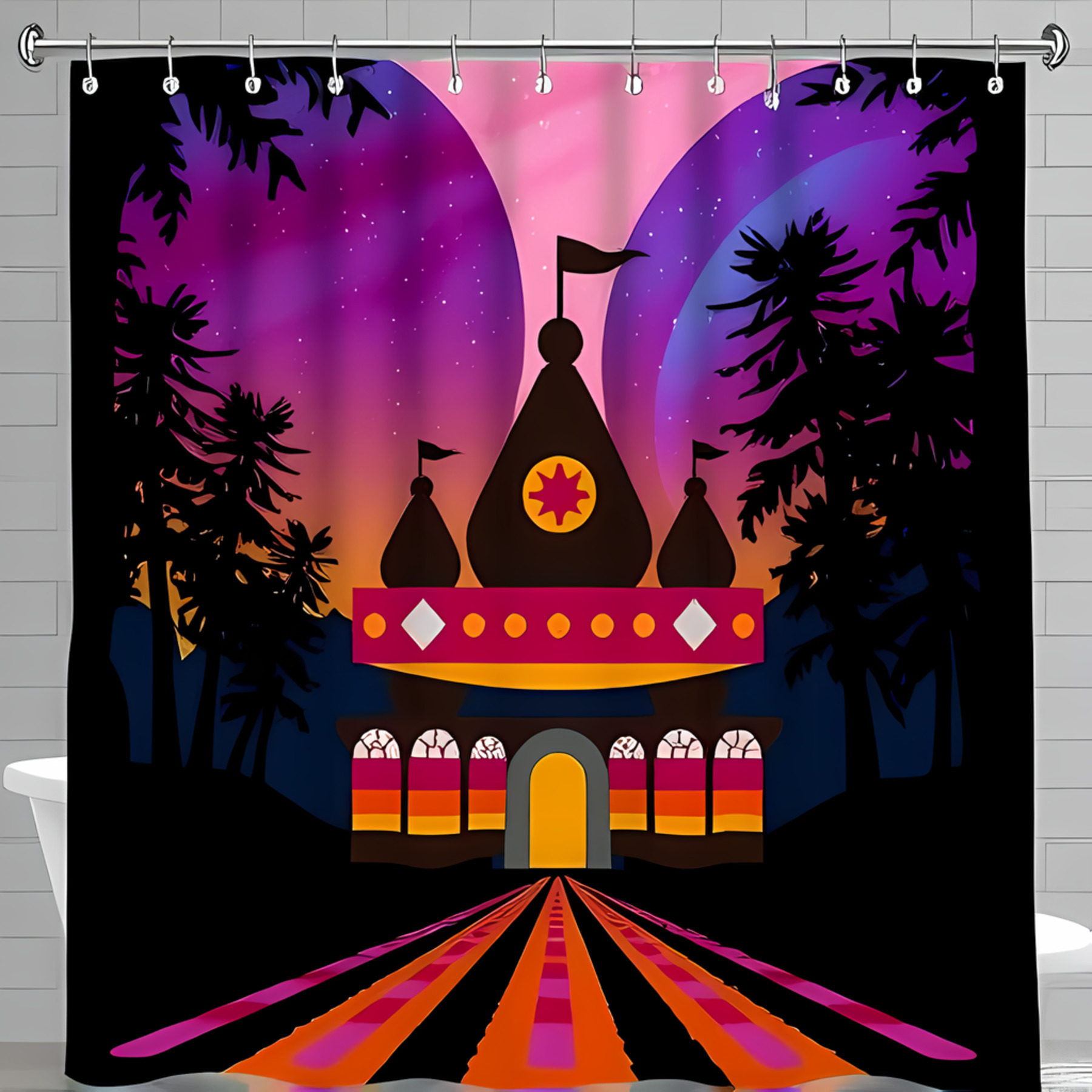 Whimsical Eastern Temple Shower Curtain - Vibrant Sky with Bodies ...