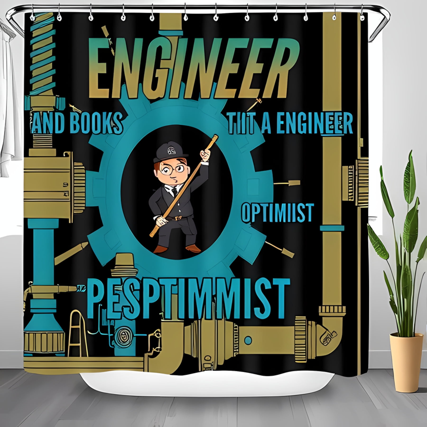 Whimsical Engineer Shower Curtain - Cartoon Character with Gear Design ...