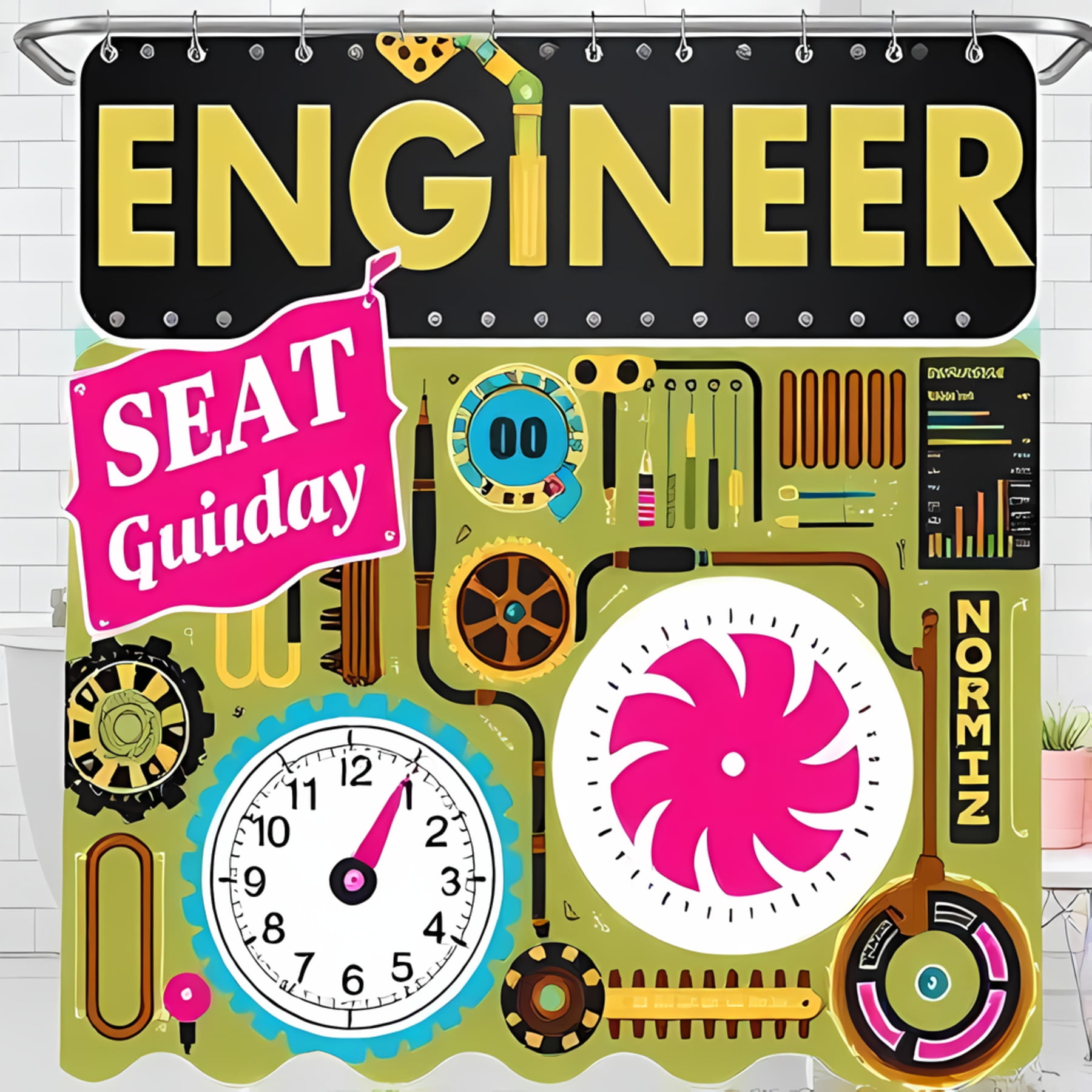Whimsical Engineer Shower Curtain with Bold Yellow Lettering Gears Tools and Pink Design ...