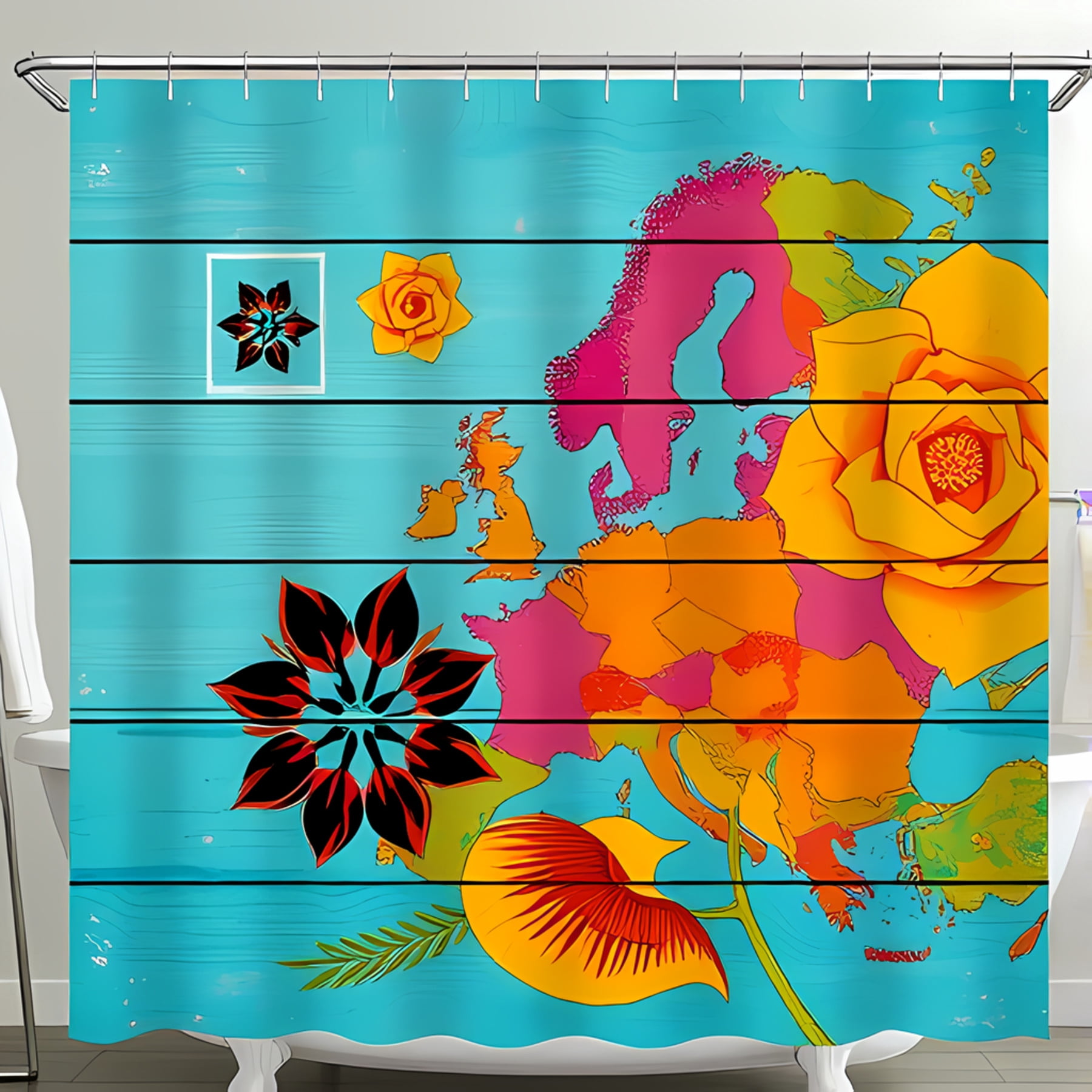 Whimsical Europe Map Shower Curtain with Colorful Floral Design on Wood ...