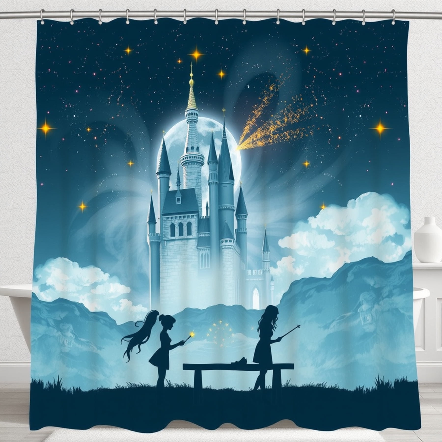 Whimsical Fairytale Castle Shower Curtain - Enchanting Night Sky Design ...