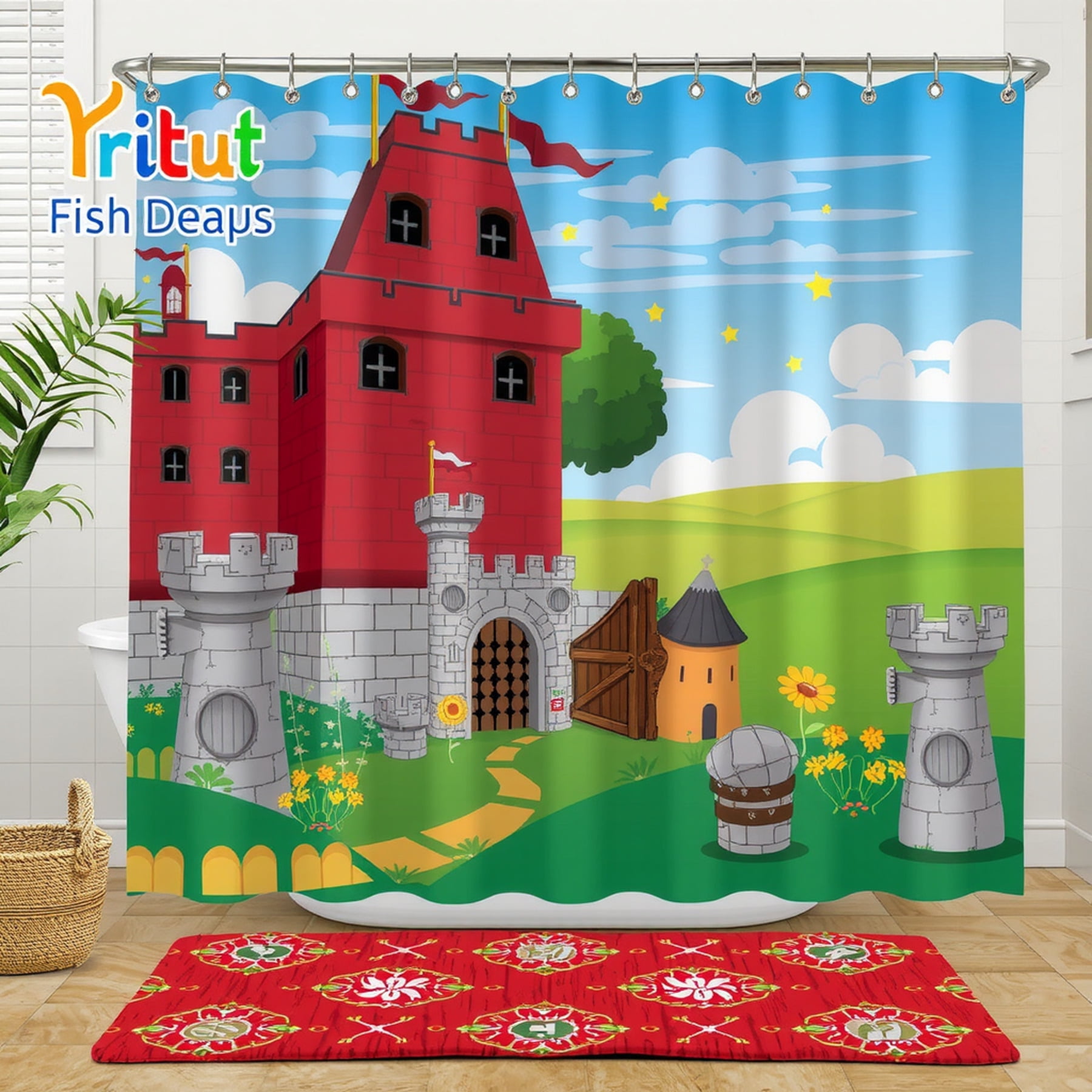 Whimsical Fairytale Castle Shower Curtain - Red Castle with Clouds ...