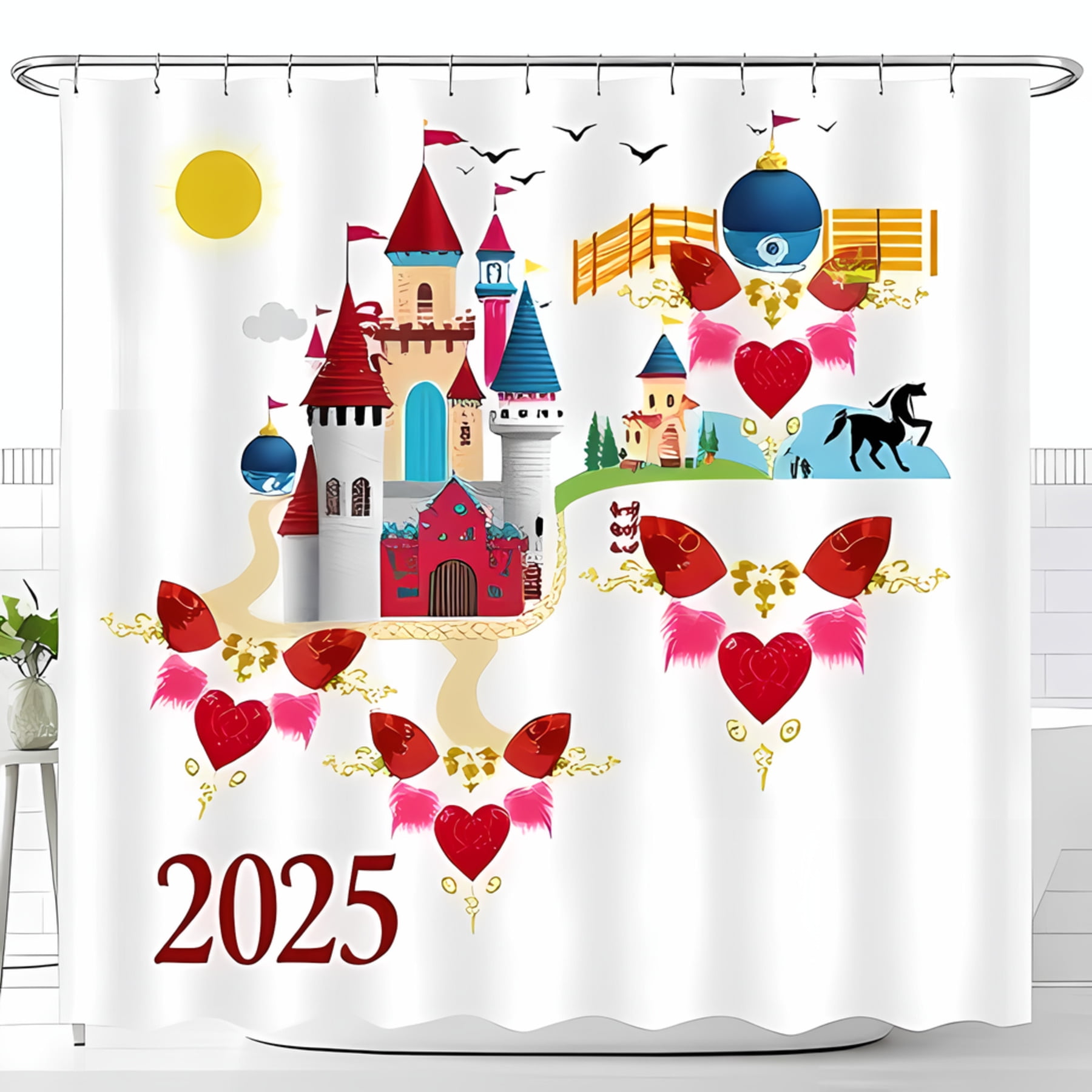 Whimsical Fairytale Castle Shower Curtain with Hearts Horse and Magical ...