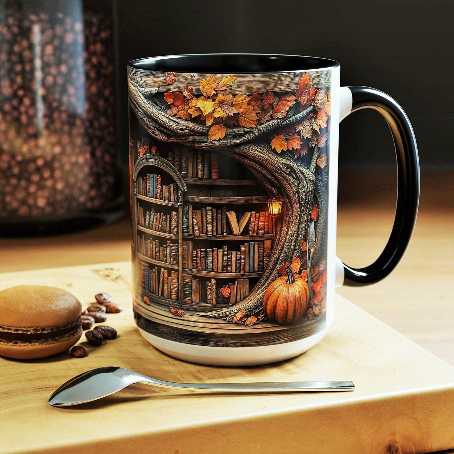 Whimsical Fall Book Mug Autumn Bookshelf Art Cozy Reader Gift Nature ...